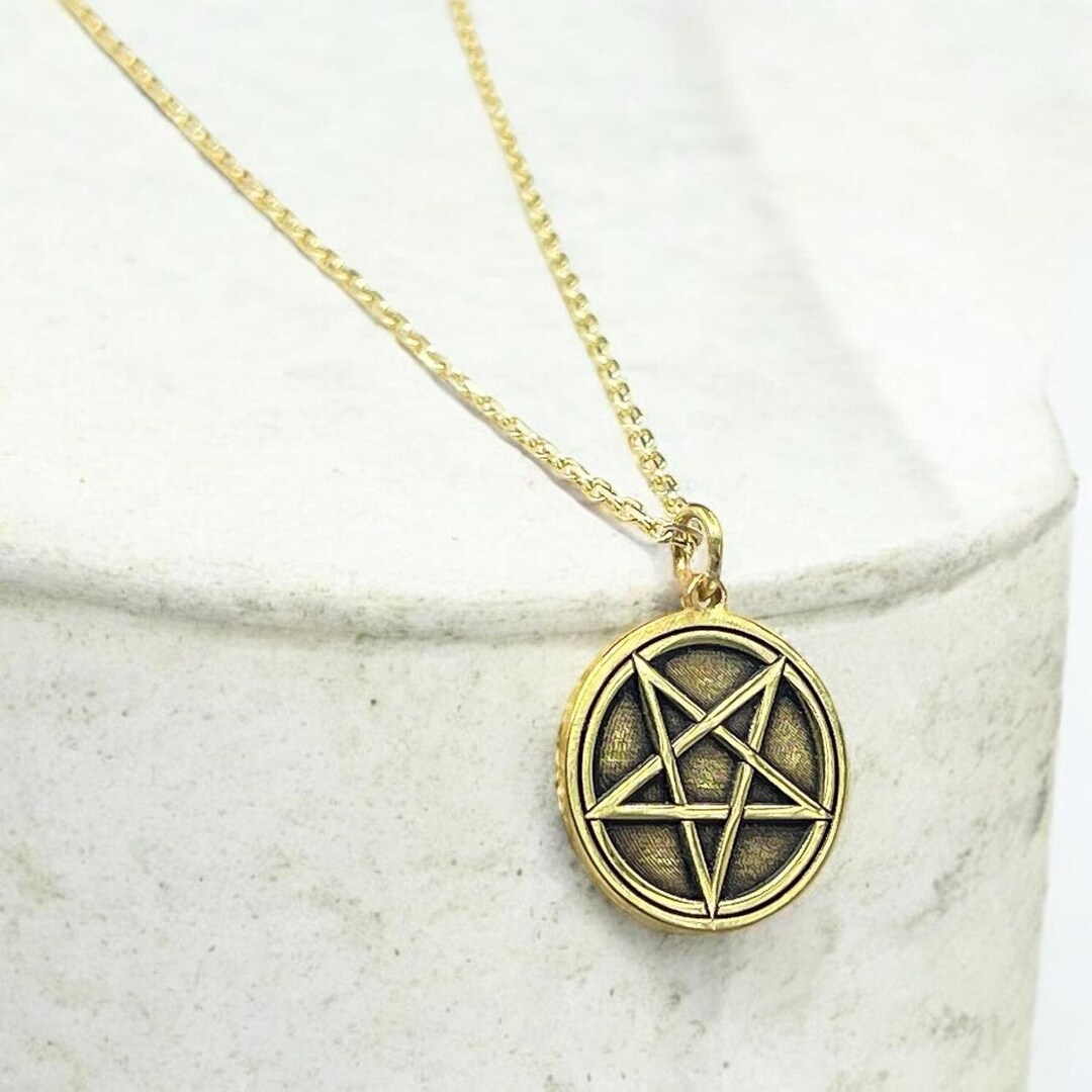 14k Gold Pentagram Necklace, Silver Wiccan Pendant, Devil Star Coin ...