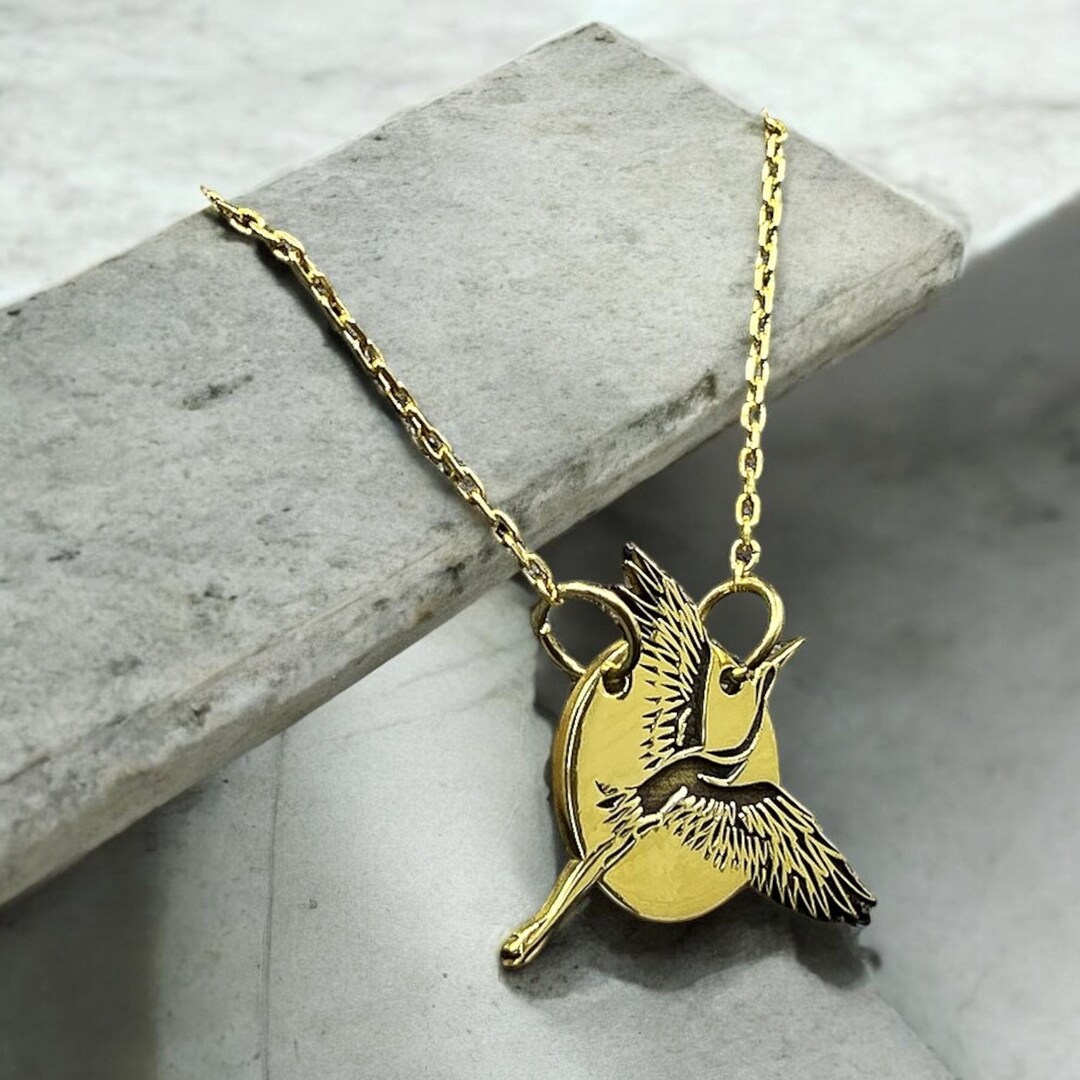 14k Gold Crane Necklace, Silver Stork Bird Pendant, Sun Jewel, Sunset ...