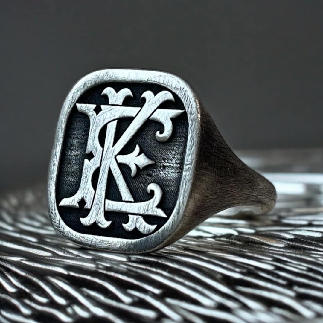 Monogram Signet Ring, Vintage Initial Ring, Rustic Men Ring, Unique ...