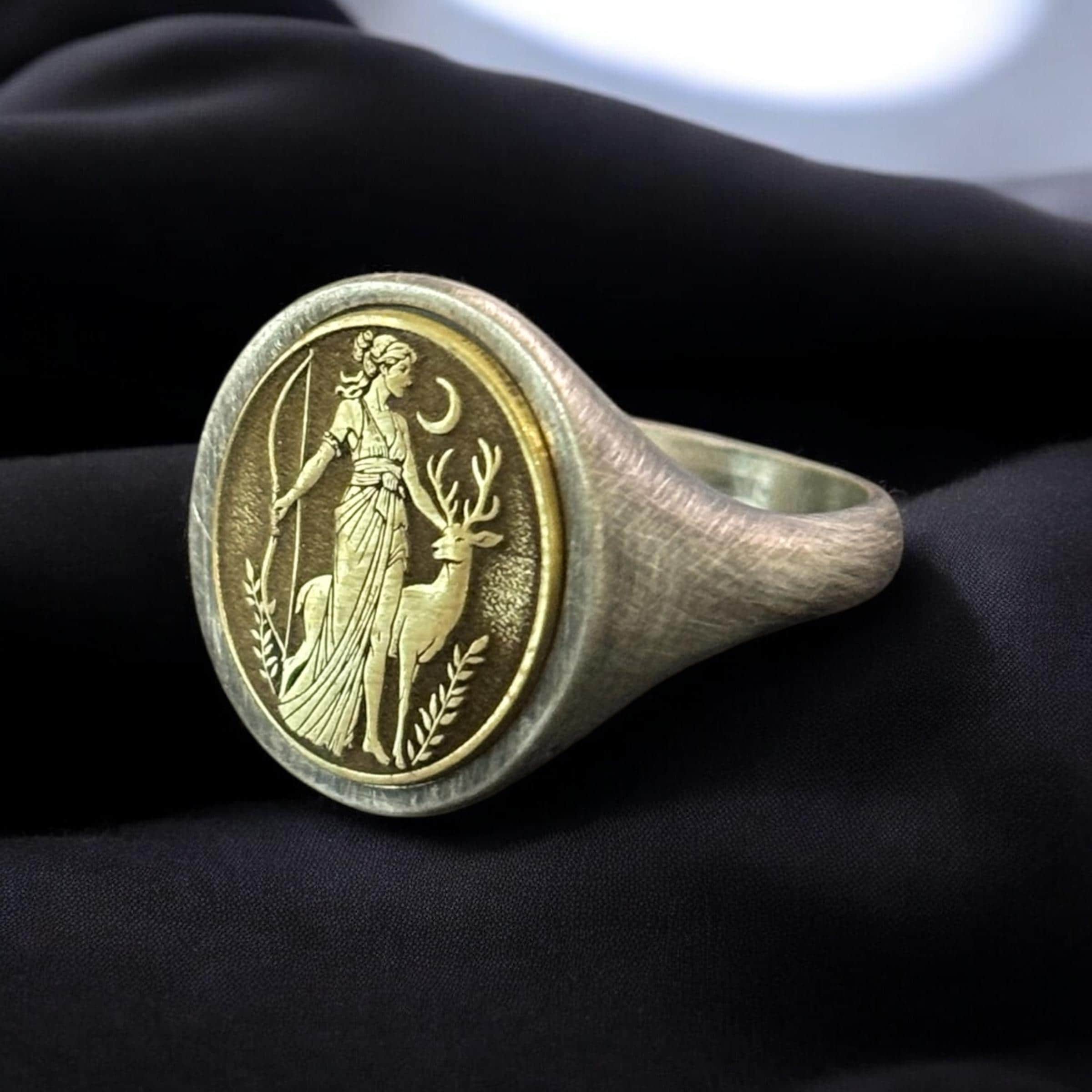 Artemis Greek Goddess Signet Ring – Deer Mythology Hunt Pinky Ring ...