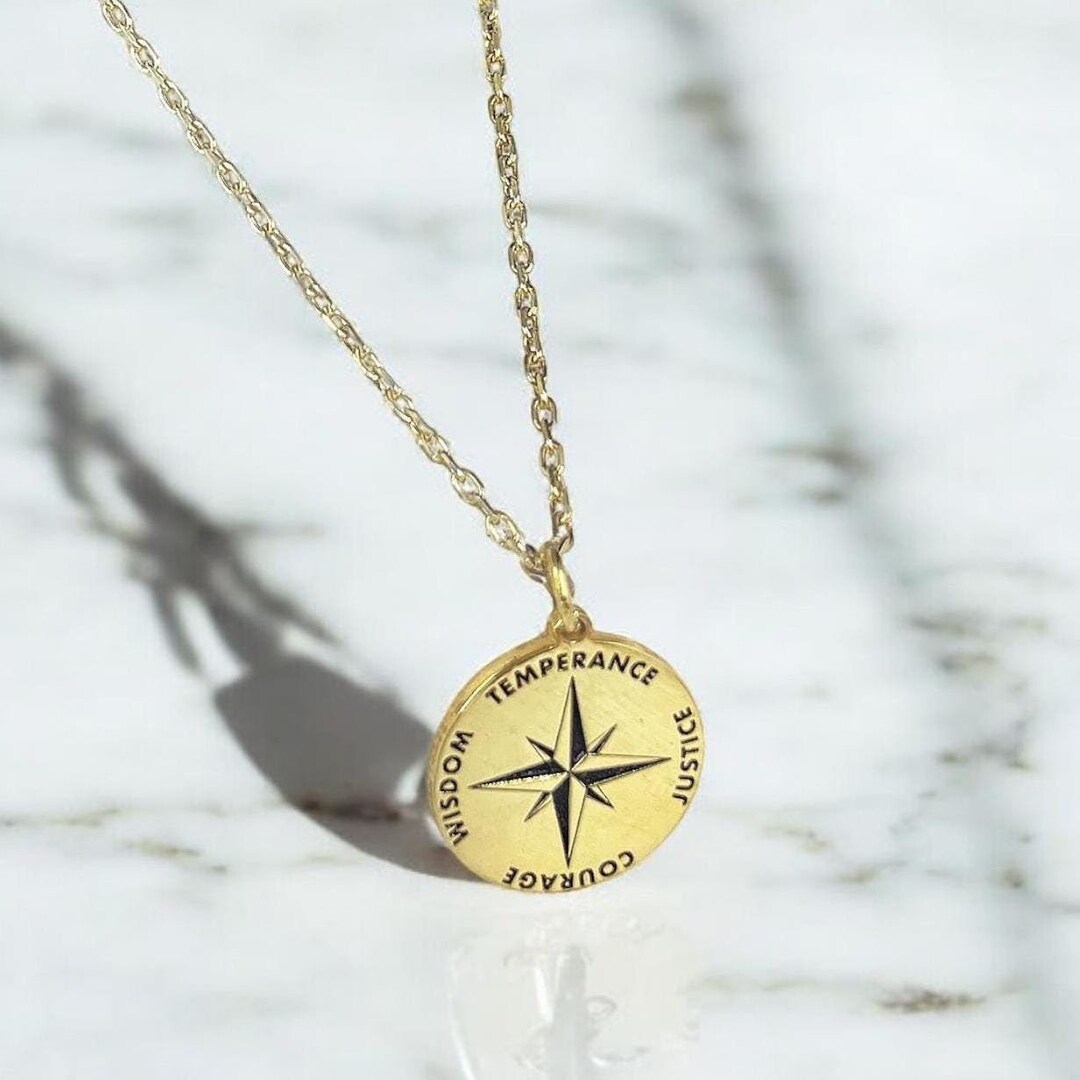 14k Gold the Cardinal Virtues Necklace, Silver Stoic Compass Pendant ...