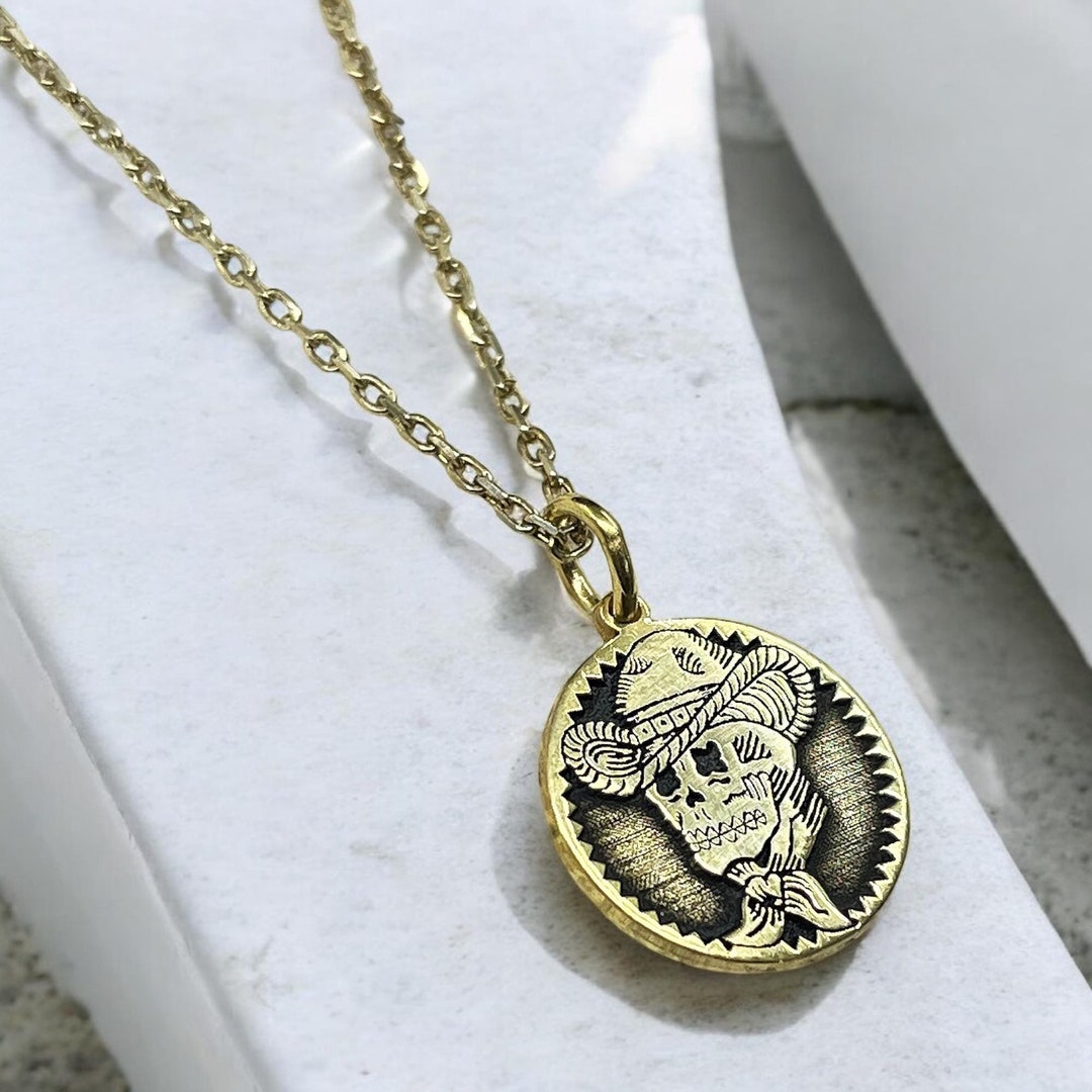 14k Gold Skull Cowboy Necklace, Silver Zombie Pendant, Wild West ...