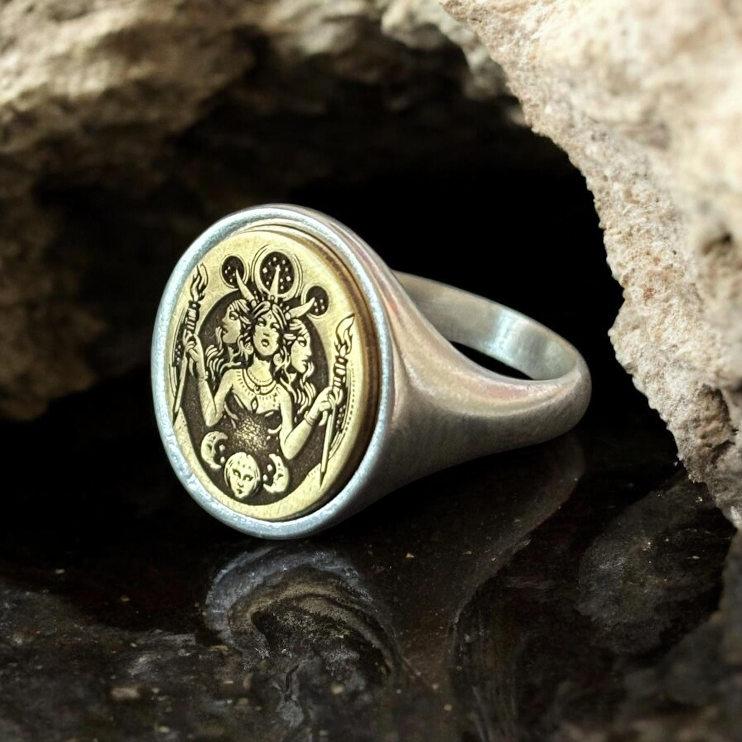 Hecate Ring, Moon Goddess Signet Ring Woman, Witch Pinky Ring Men ...