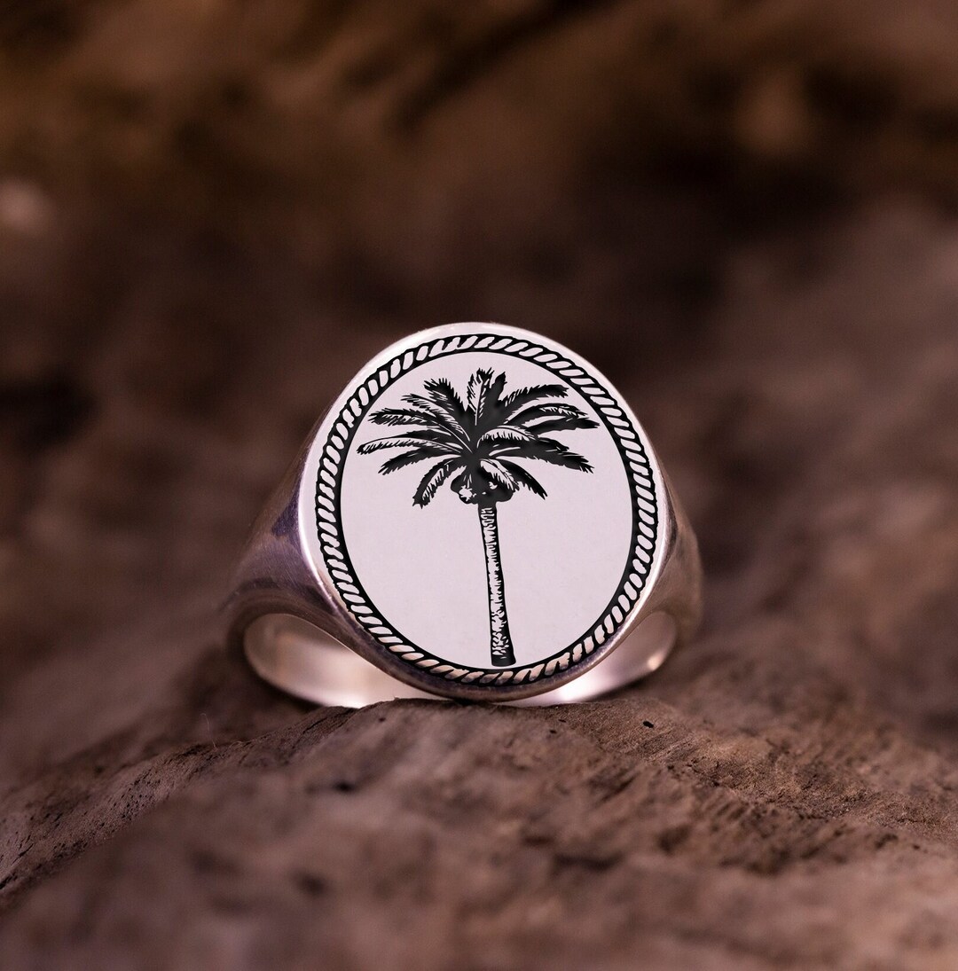 Palm Tree Ring Women, Coconut Signet Ring, Surfers Pinky Ring Man ...