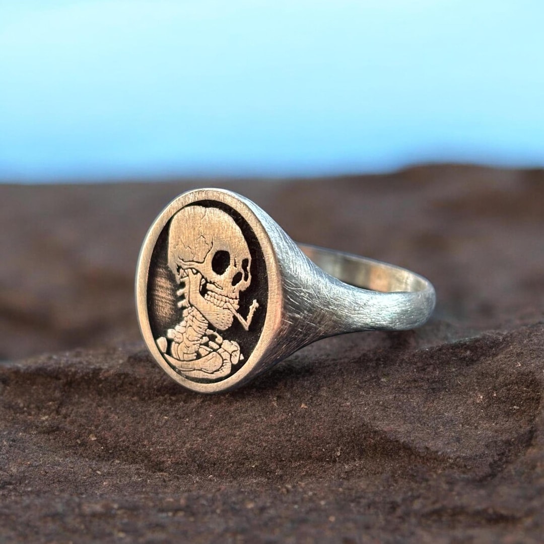Van Gogh Skull Ring, Head of a Skeleton With a Burning Cigarette Pinky ...