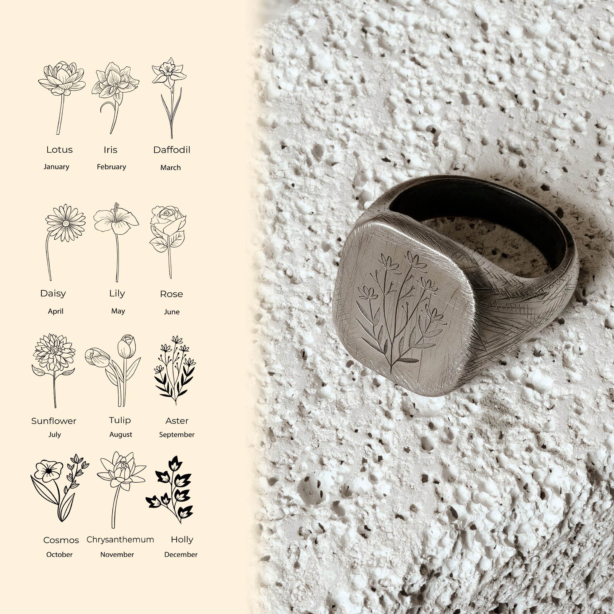 Birth Month Flower Vintage Ring Floral Bouquet Signet Ring | Etsy