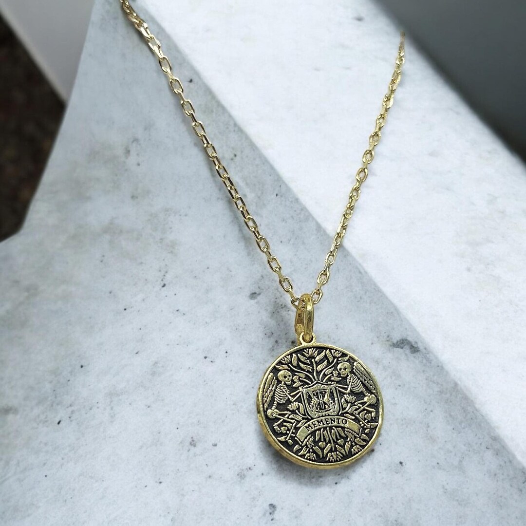 14k Gold Memento Necklace, Silver Stoic Skull Pendant, Memento Mori ...