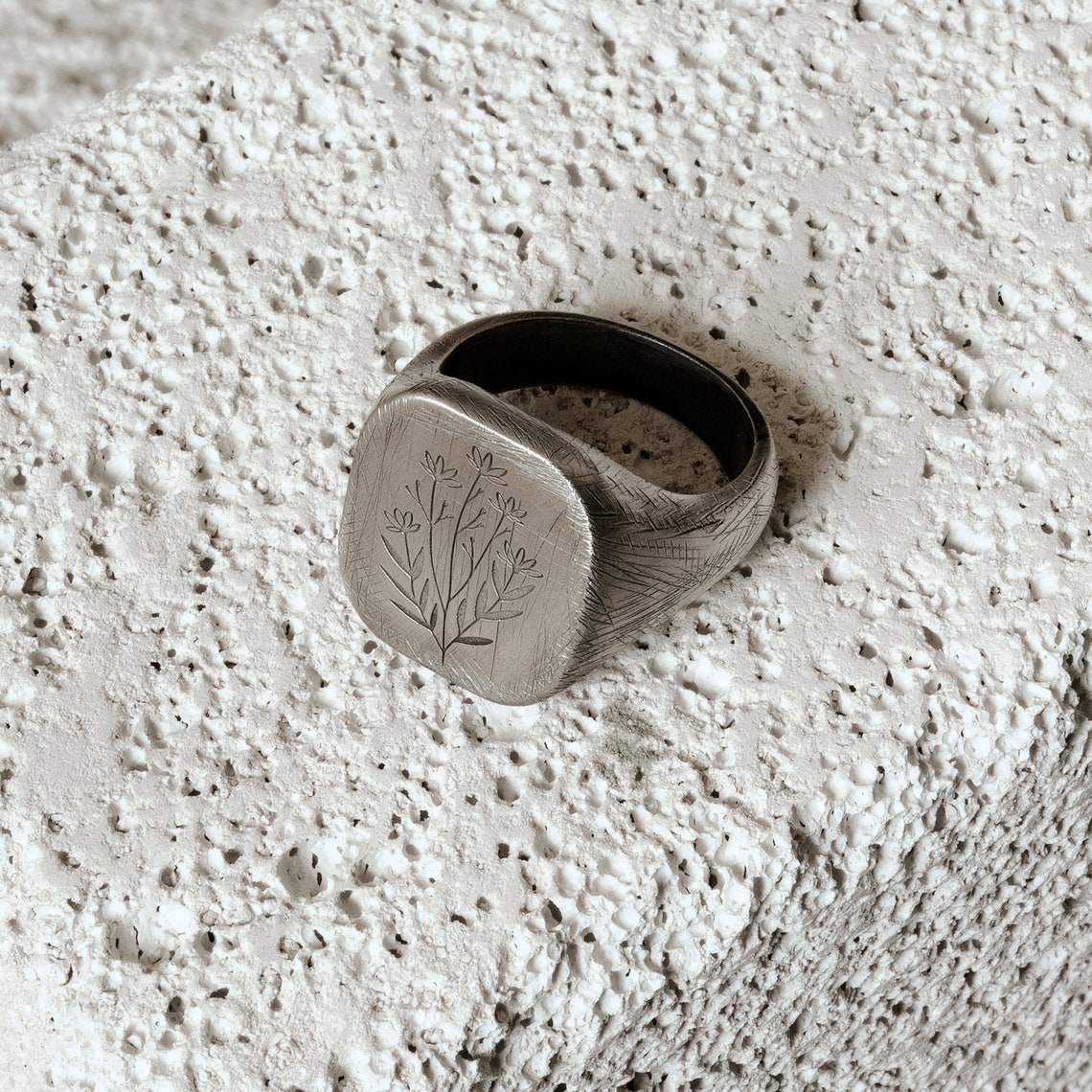 Vintage Wildflower Ring, Engraved Sterling Silver Signet Ring, Rings ...
