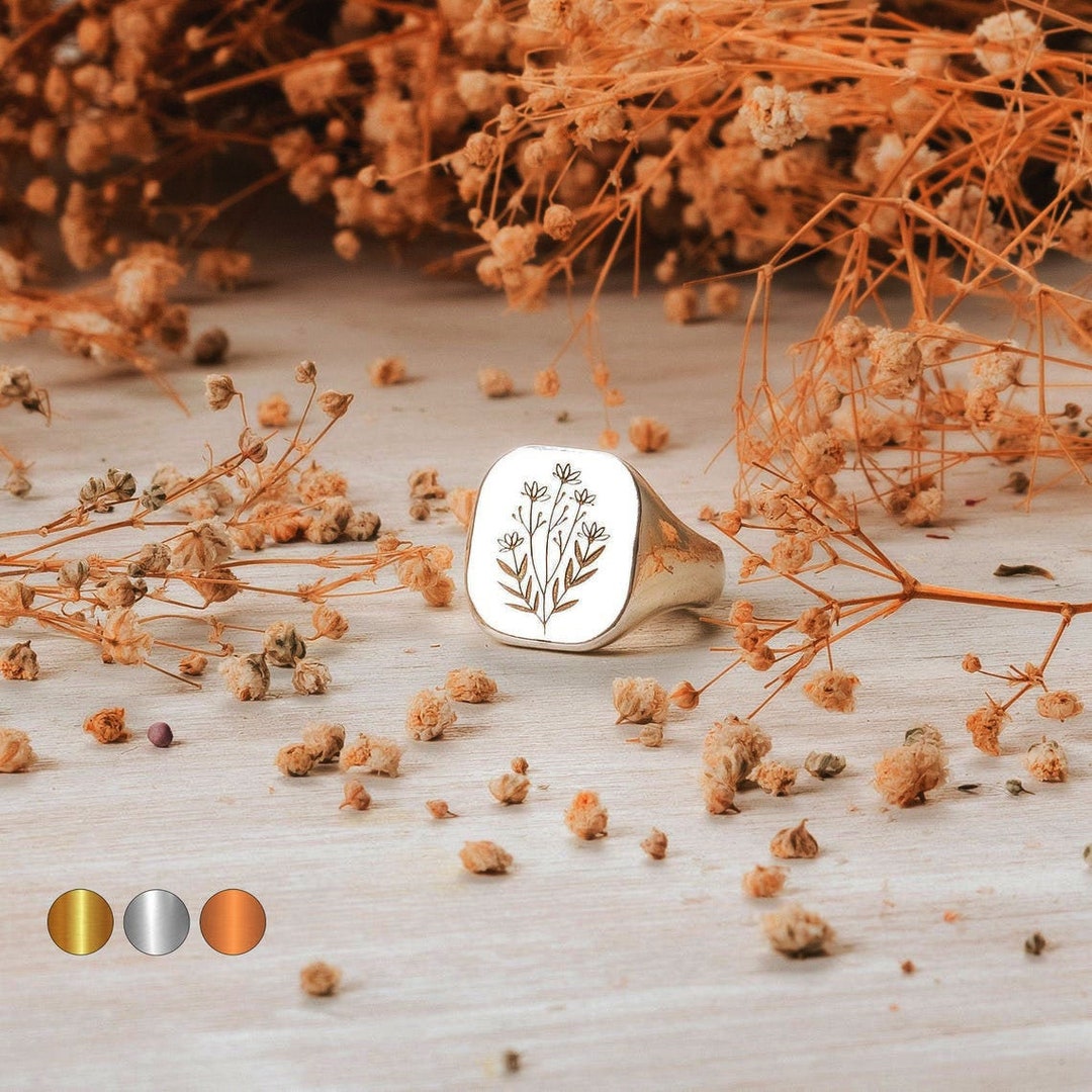 Gold Filled Signet Ring, Engraved Ring, Wildflower Ring, Custom ...