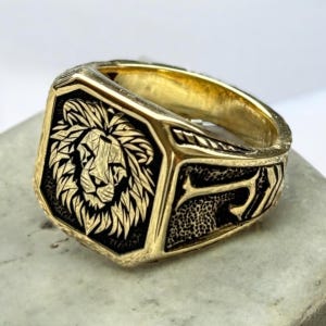 Lion Engraved Rings, Lion Head Signet Ring, Initial Engraved Pinky Ring ...