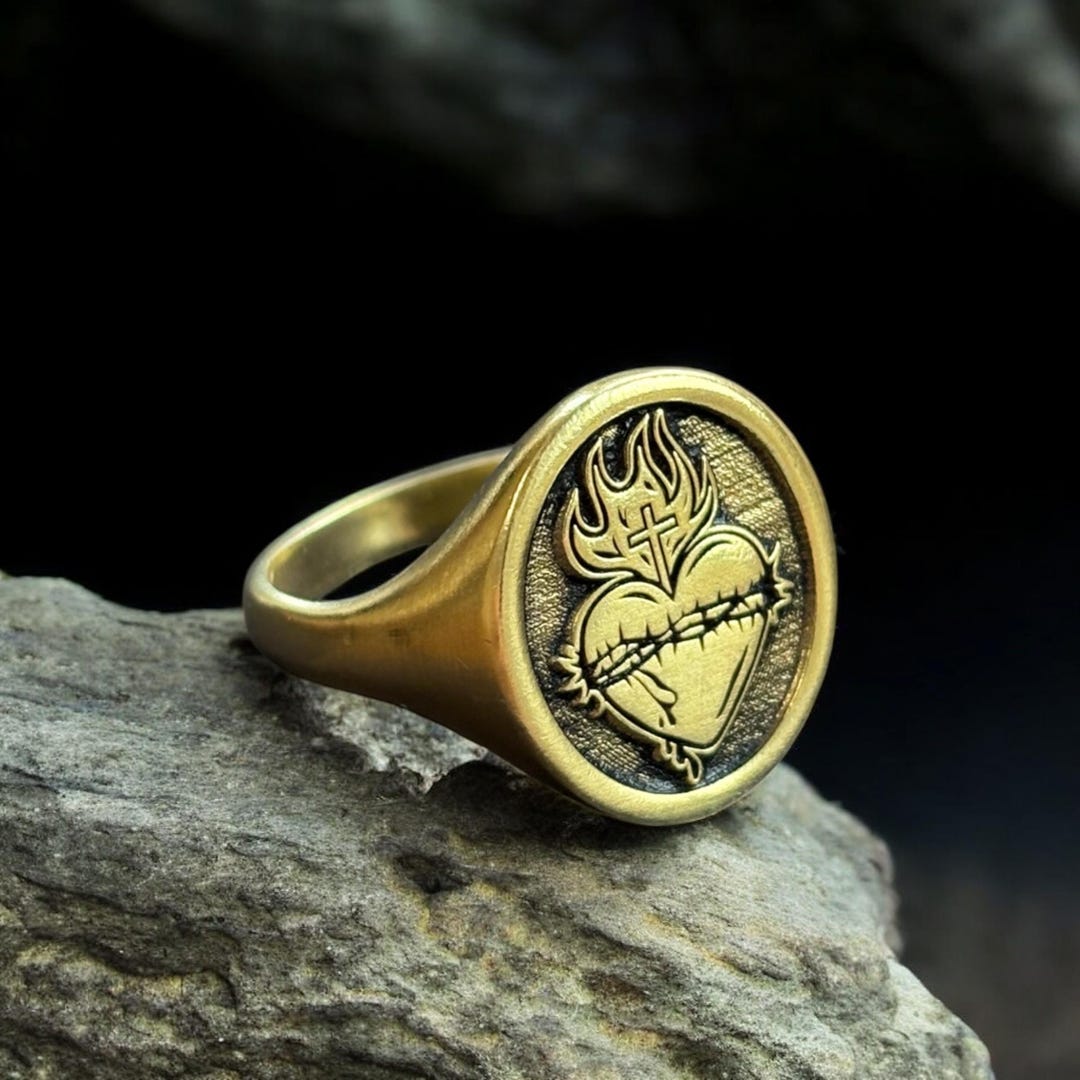 Sacred Heart Ring, Heart of Jesus Signet Ring Men, Religious Pinky Ring ...