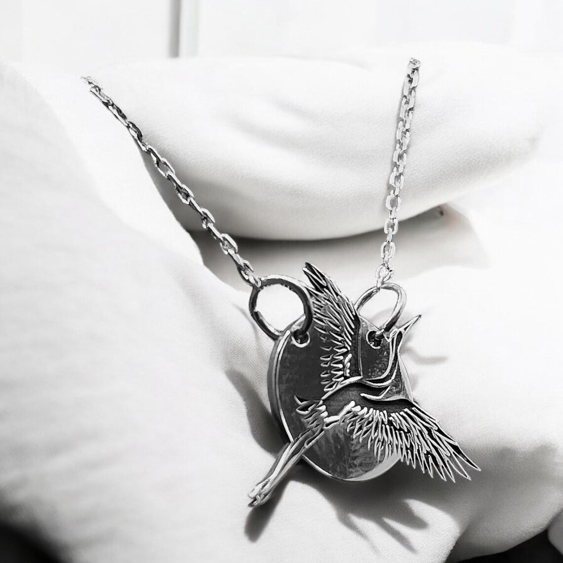 14k Gold Crane Necklace, Silver Stork Bird Pendant, Sun Jewel, Sunset ...
