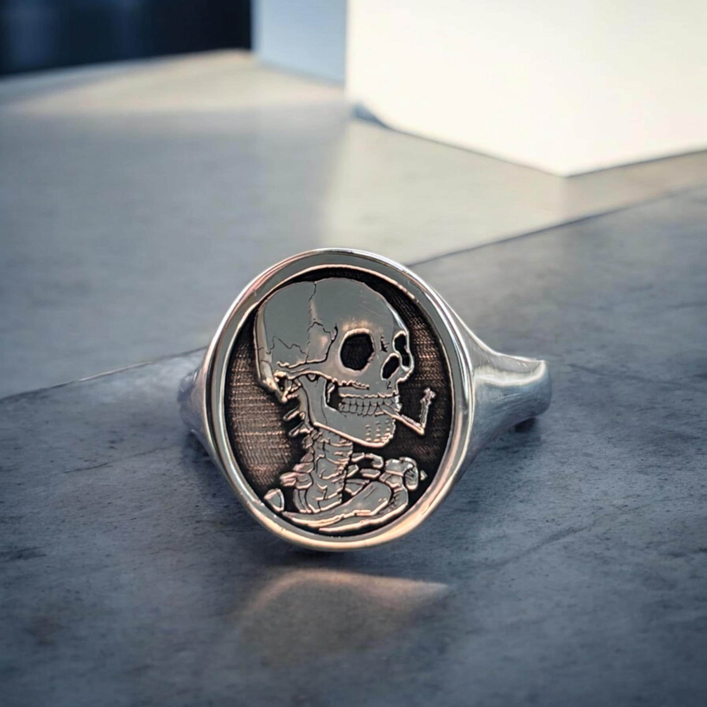 Van Gogh Skull Ring, Head of a Skeleton With a Burning Cigarette Pinky ...