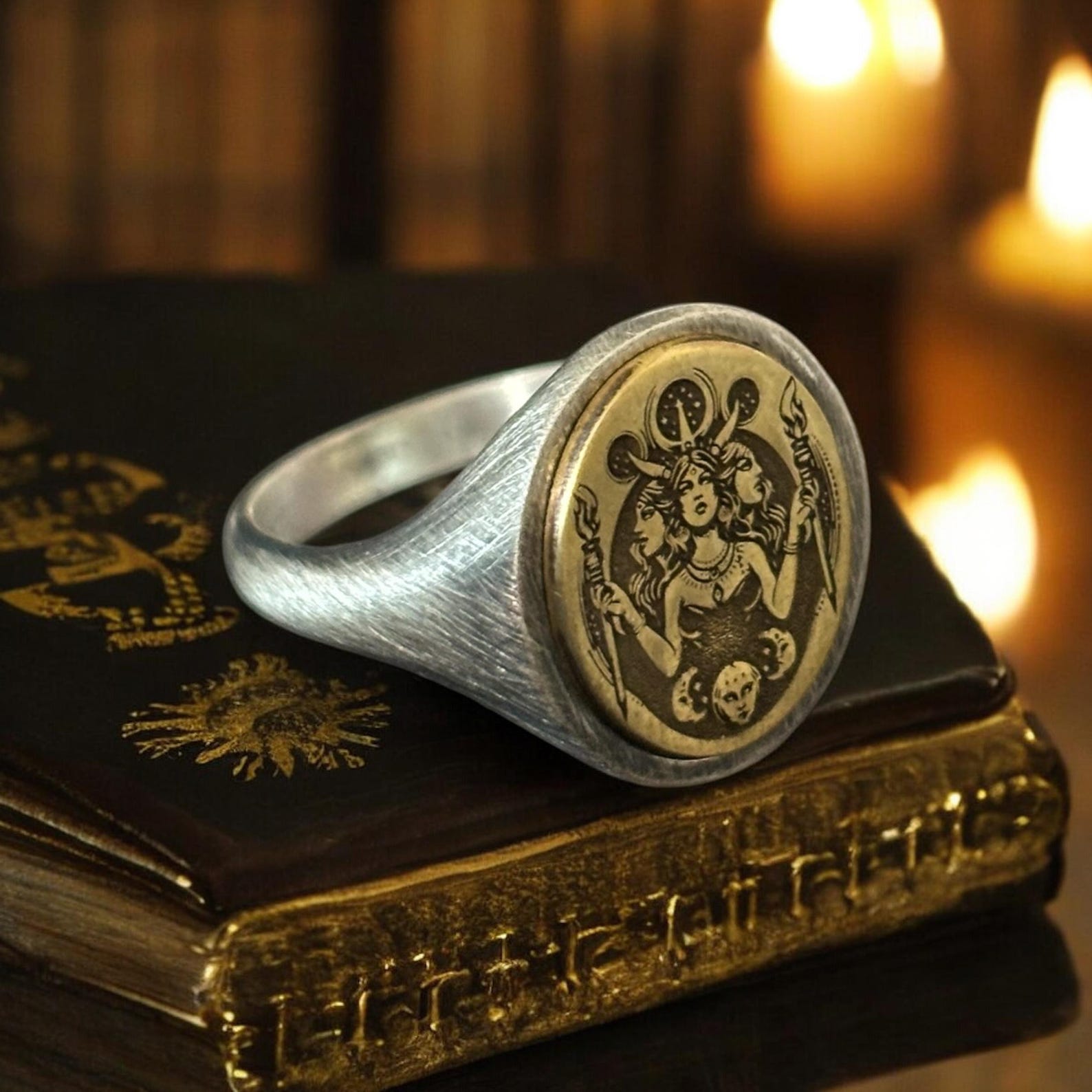 Hecate Ring, Moon Goddess Signet Ring Woman, Witch Pinky Ring Men ...