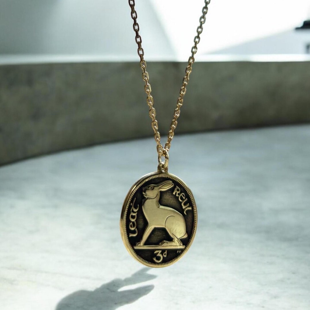 14k Gold IRELAND Rabbit Necklace, Silver Irish Bunny Coin Pendant ...