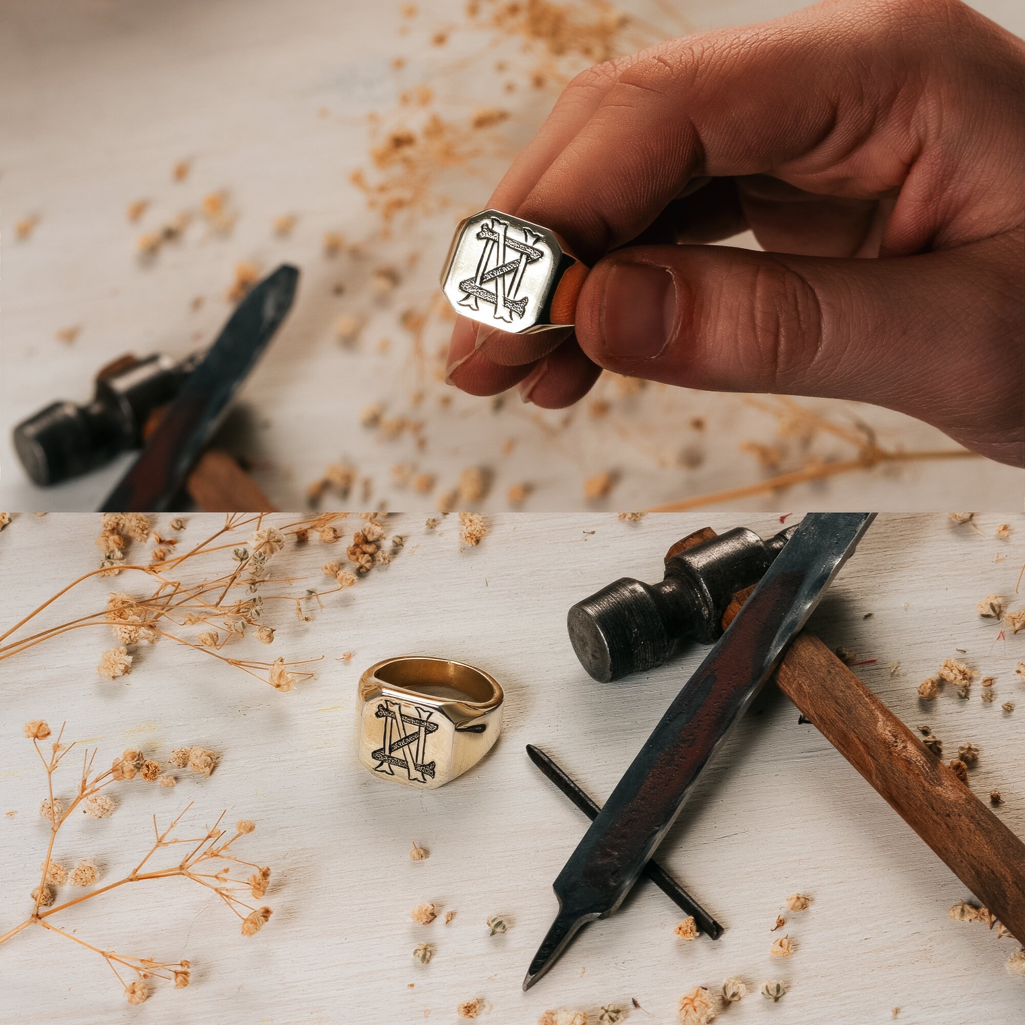 Custom Two Initials Monogram Rings Men, Gold Filled Personalized Signet ...