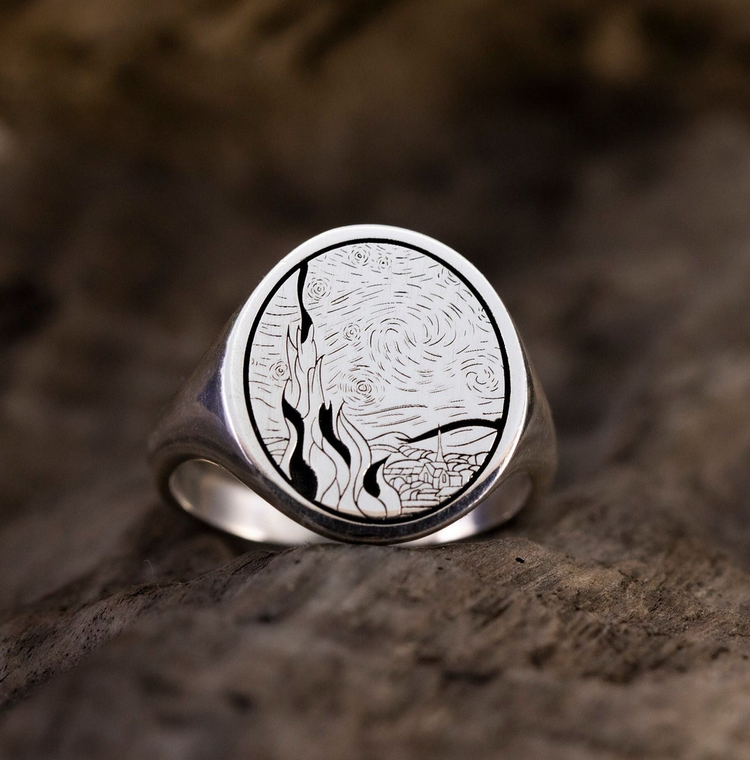 Starry Night Signet Ring, by Vincent Van Gogh, Silver Art Pinky Ring ...