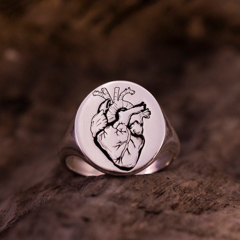 Anatomical Heart Signet Ring, Real Heart Silver Pinky Ring, Medical ...