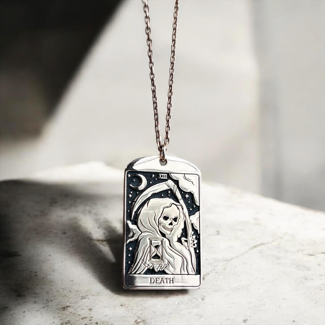 14k Gold Death Tarot Card Necklace, Silver Skull Pendant Women ...