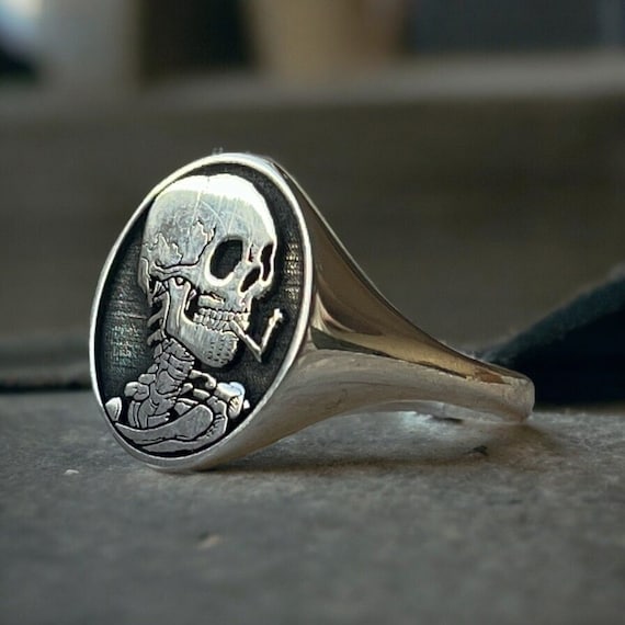 Van Gogh Skull Ring Head of a Skeleton with a Burning Cigarette Pinky Ring Memento Mori Vivere Signet Ring Women Renaissance Men Jewelry