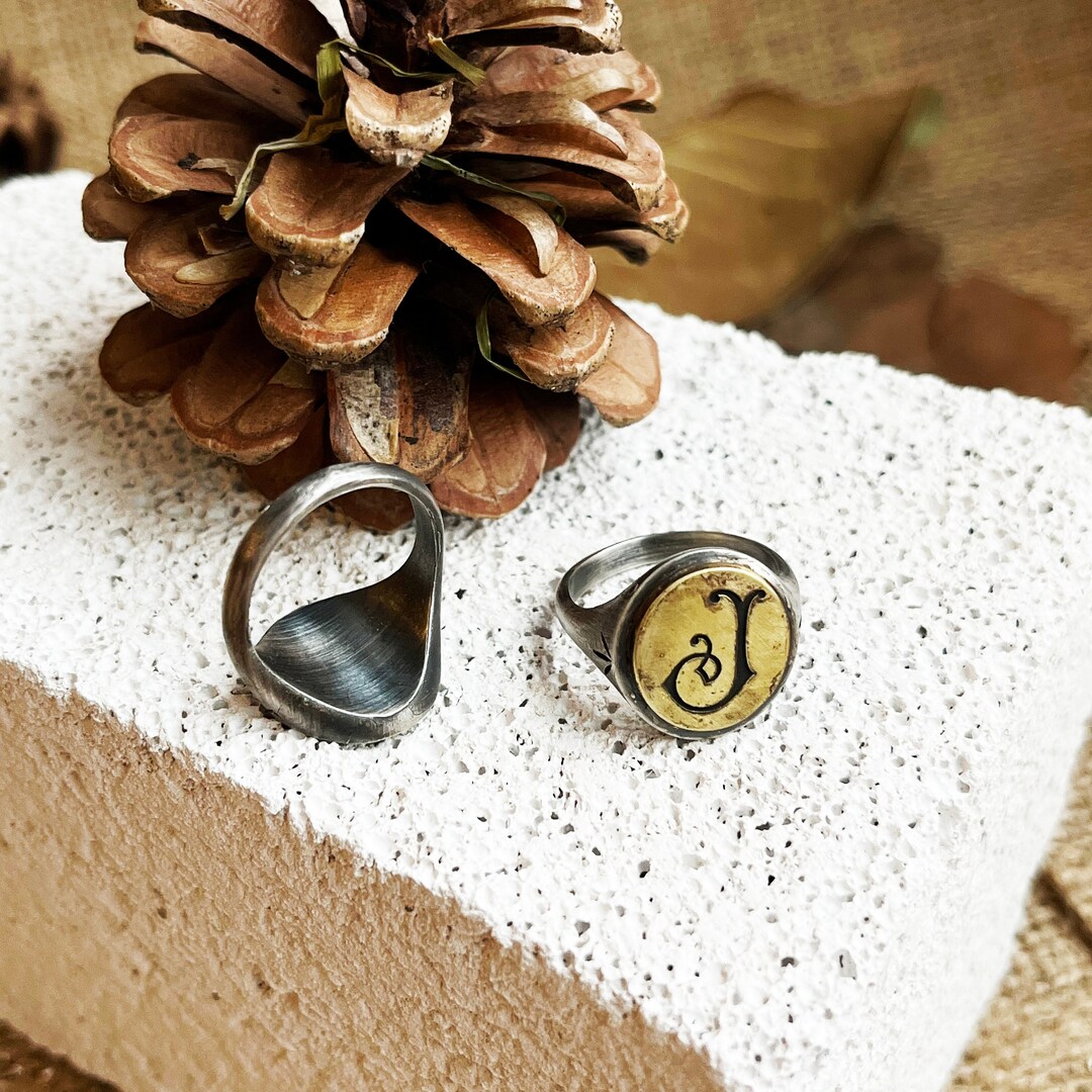 Two Tone Monogram Silver Signet Ring, Vintage Ring for Her, Unique ...
