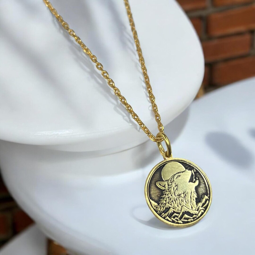 14k Gold Wolf Howling Necklace, Silver Full Moon Pendant, Spirit ...