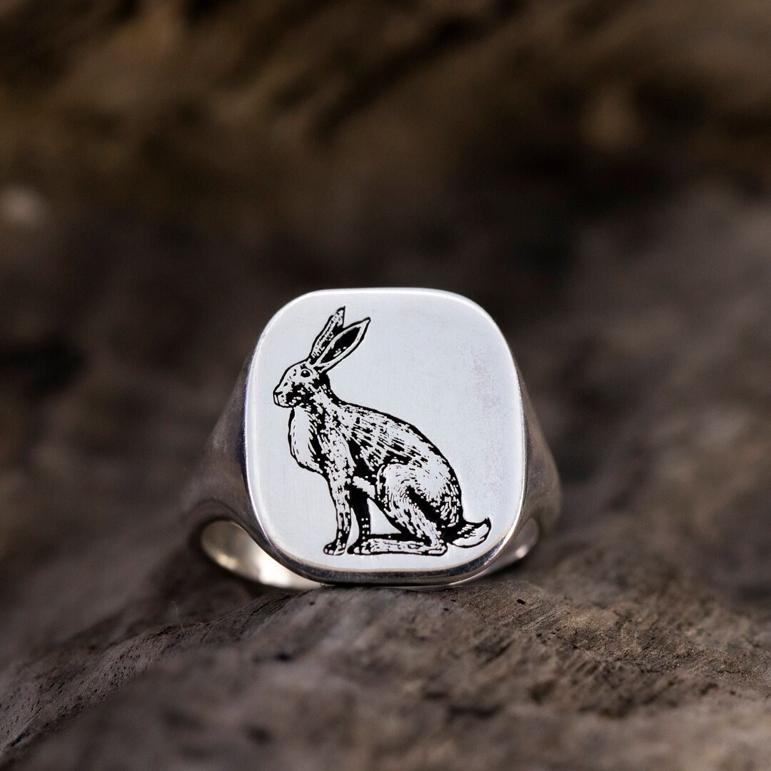 Rabbit Signet Ring Bunny Pinky Ring Handmade Animal Jewelry Family Crest Signet Ring Sterling Silver Ring Gifts for Her Gifts for Him Etsy