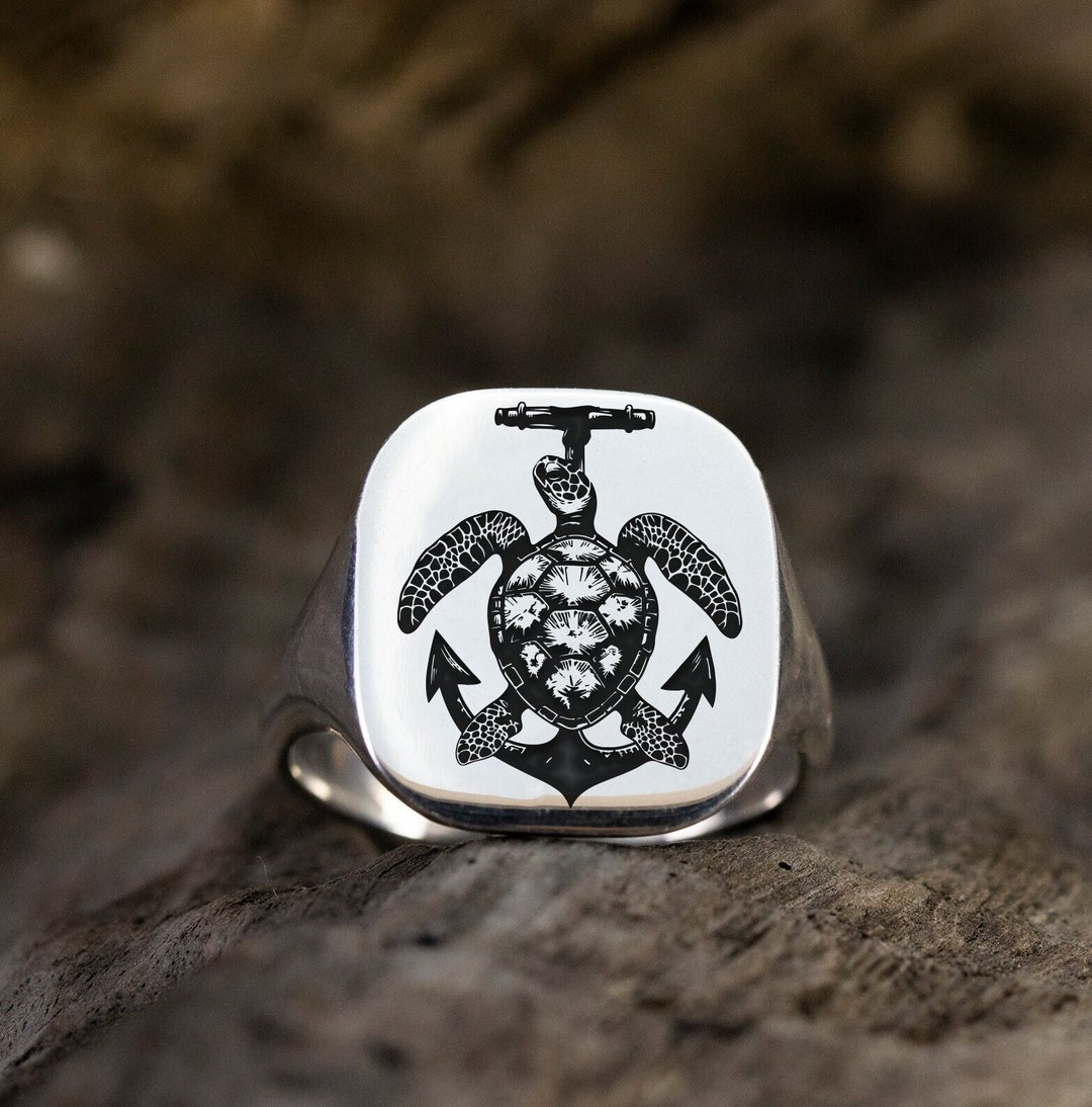 Turtle Signet Ring, Anchor Pinky Ring, Animal Jewelry, Tortoise Signet ...