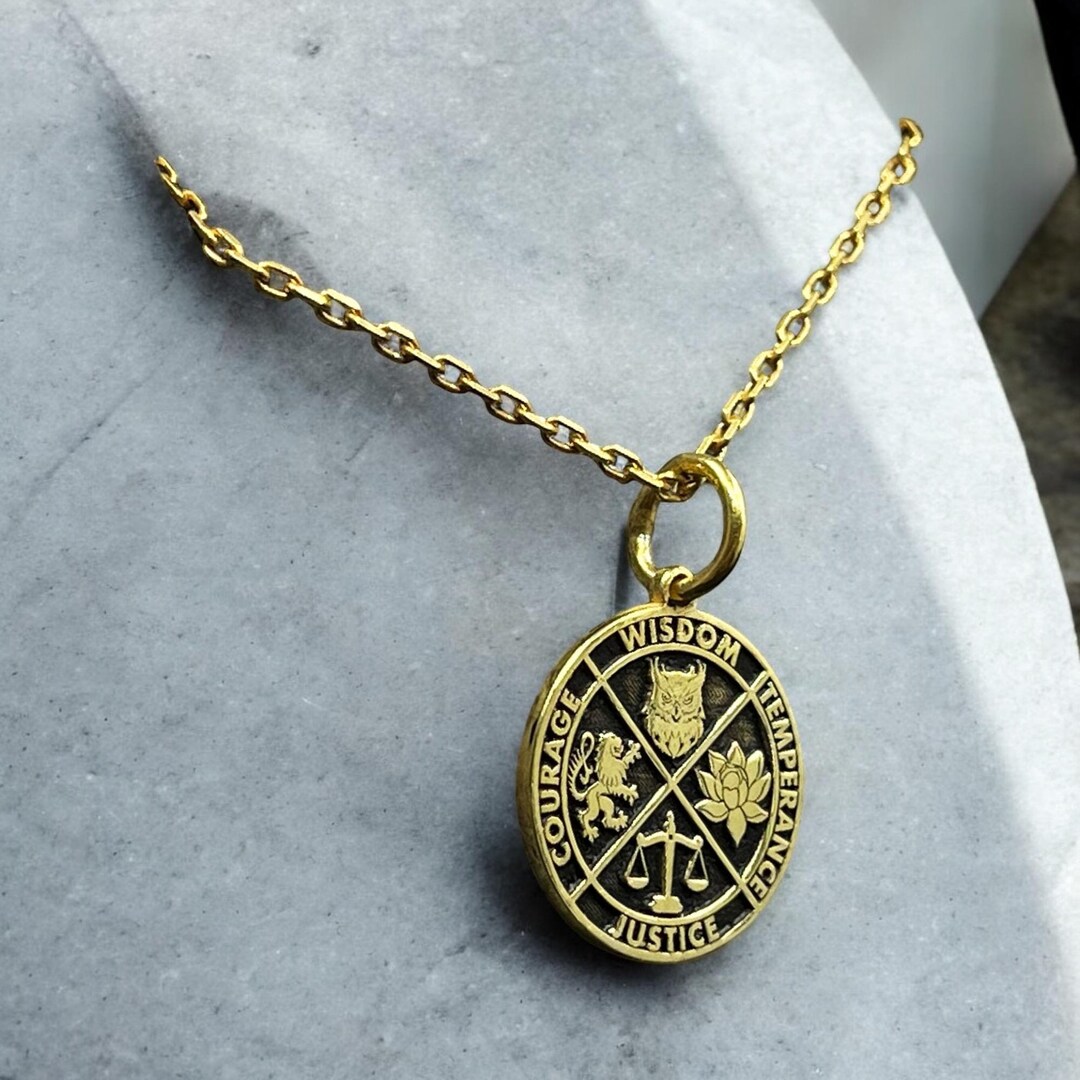 14k Gold the Cardinal Virtues Necklace, Silver Stoic Compass Pendant ...
