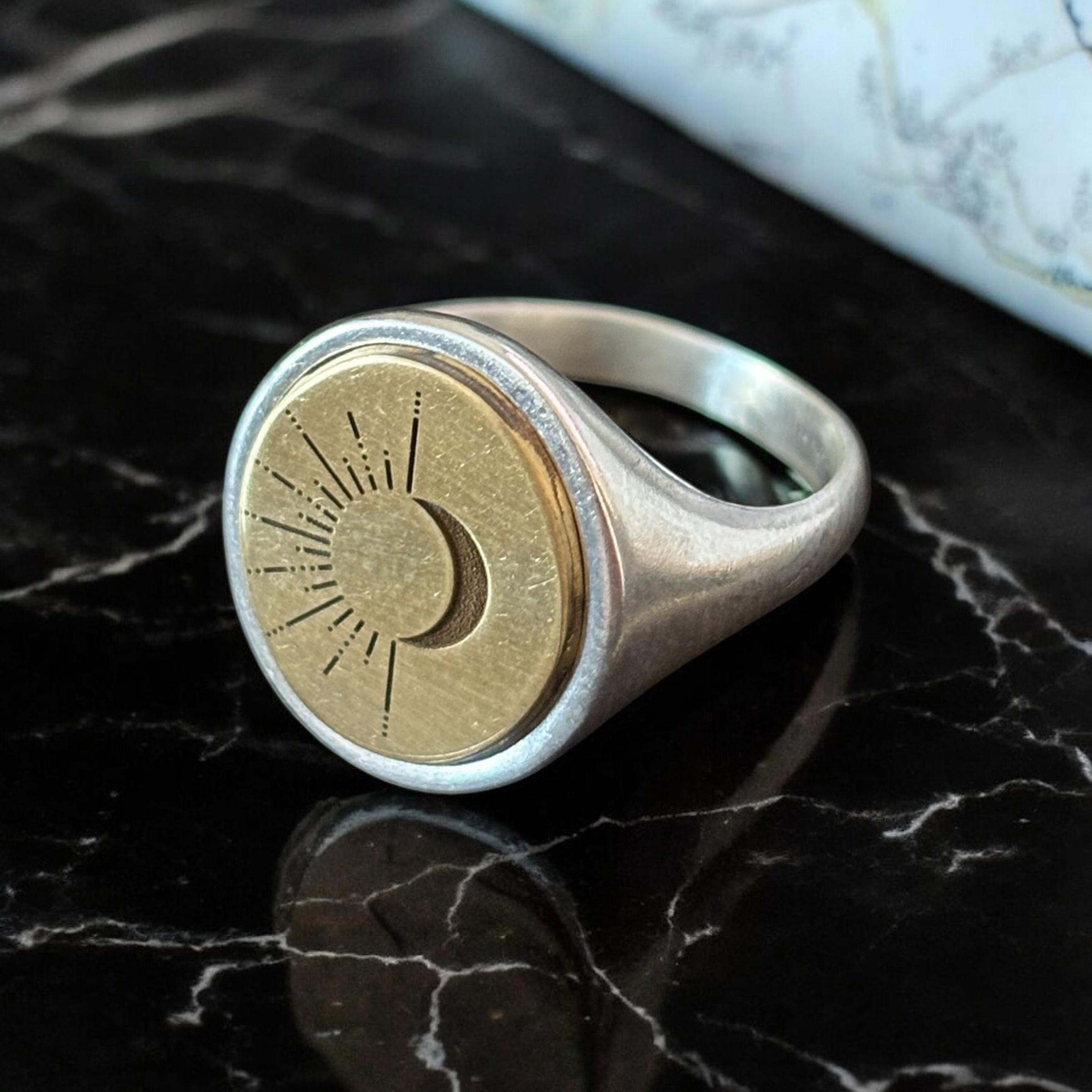 Sun and Moon Ring, Sunburst Signet Ring Woman, Luna Pinky Ring Men ...
