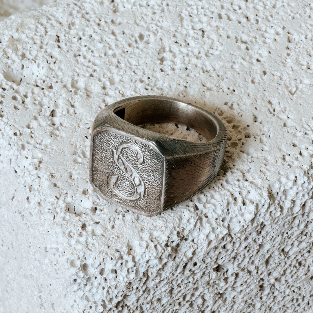Custom Vintage Initial Ring Men, Personalized Square Monogram Engraved ...