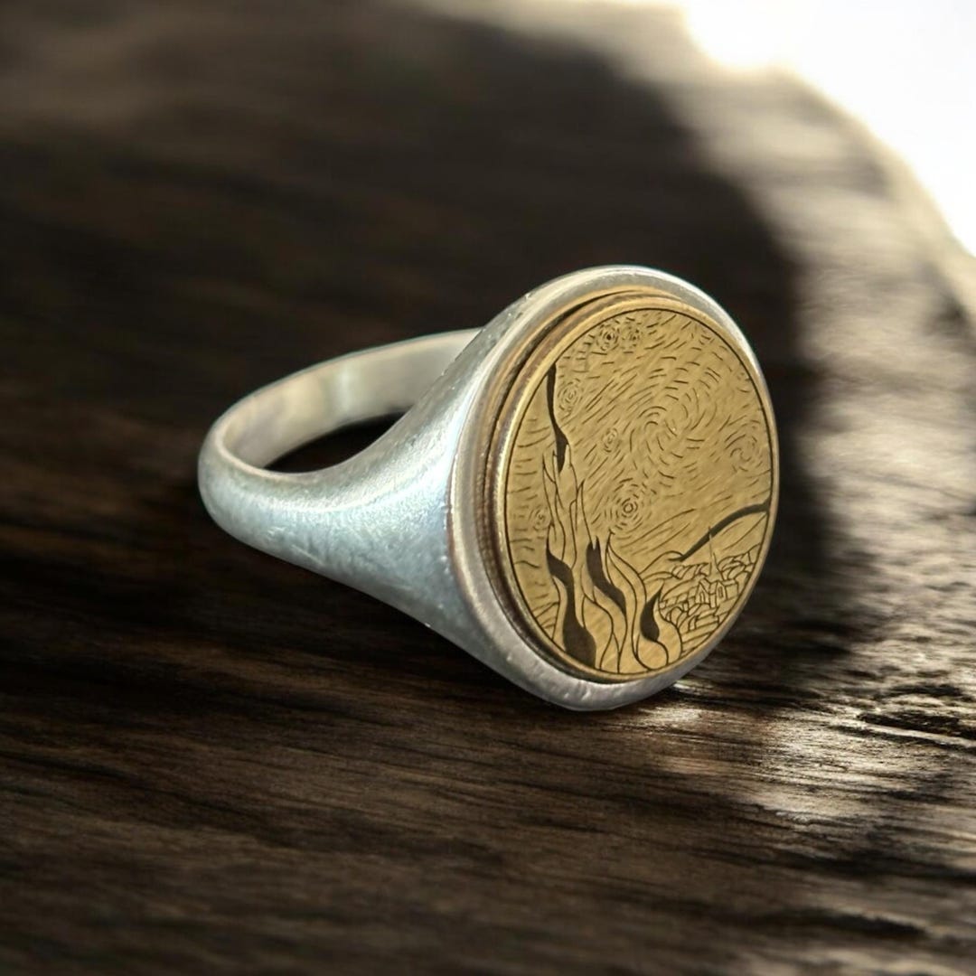 Starry Night Signet Ring, Vincent Van Gogh Pinky Ring Men, Artist ...
