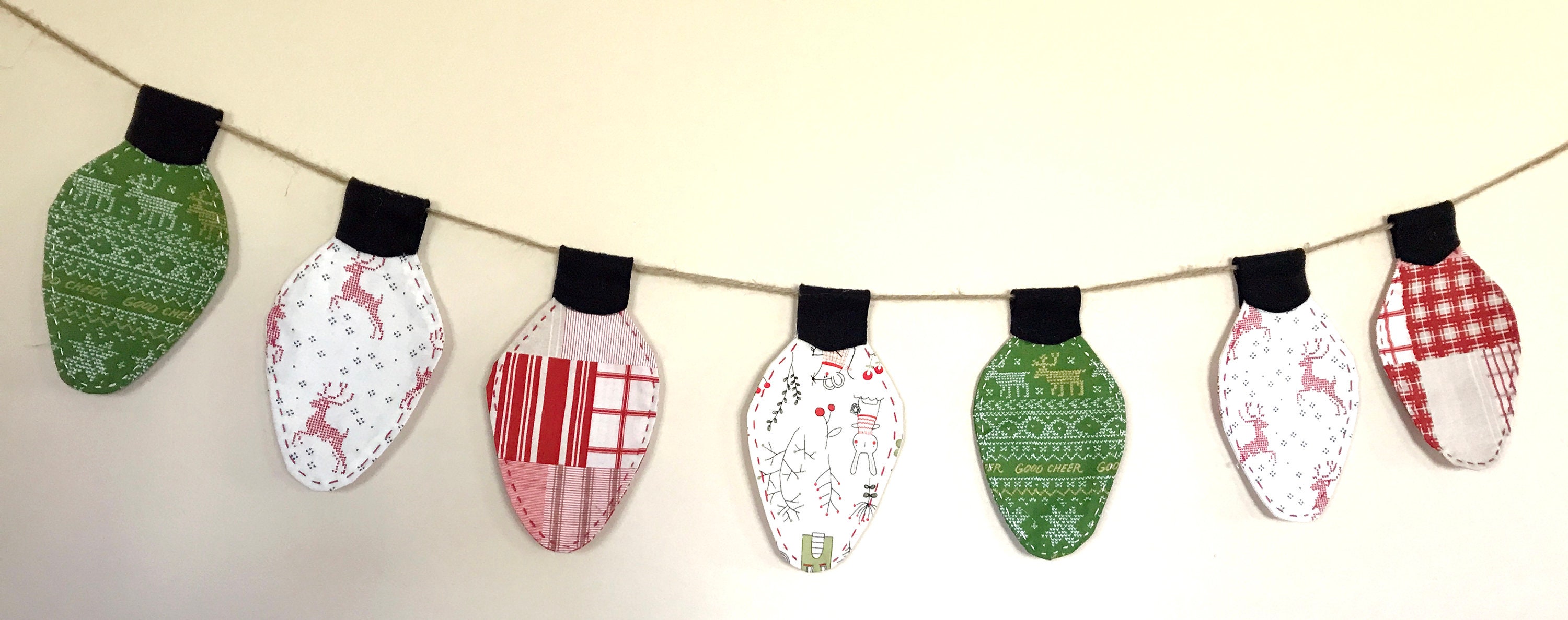 Christmas Lightbulb Garland String of 7 Quilted Large 6.5 Inch Bulbs 4 ...