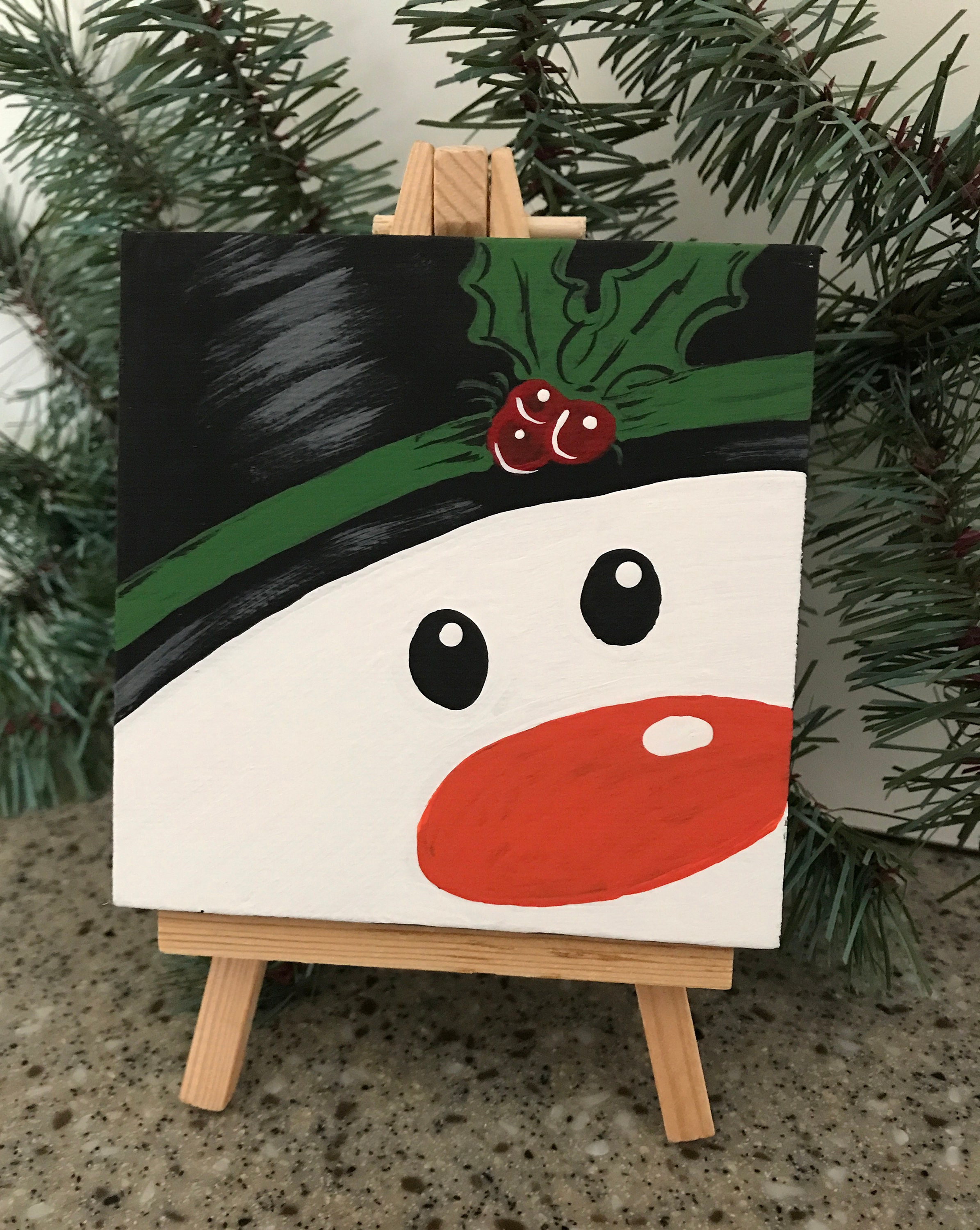 Mini Holiday Snowman Painting: Hand-painted Canvas Art With Easel - Etsy