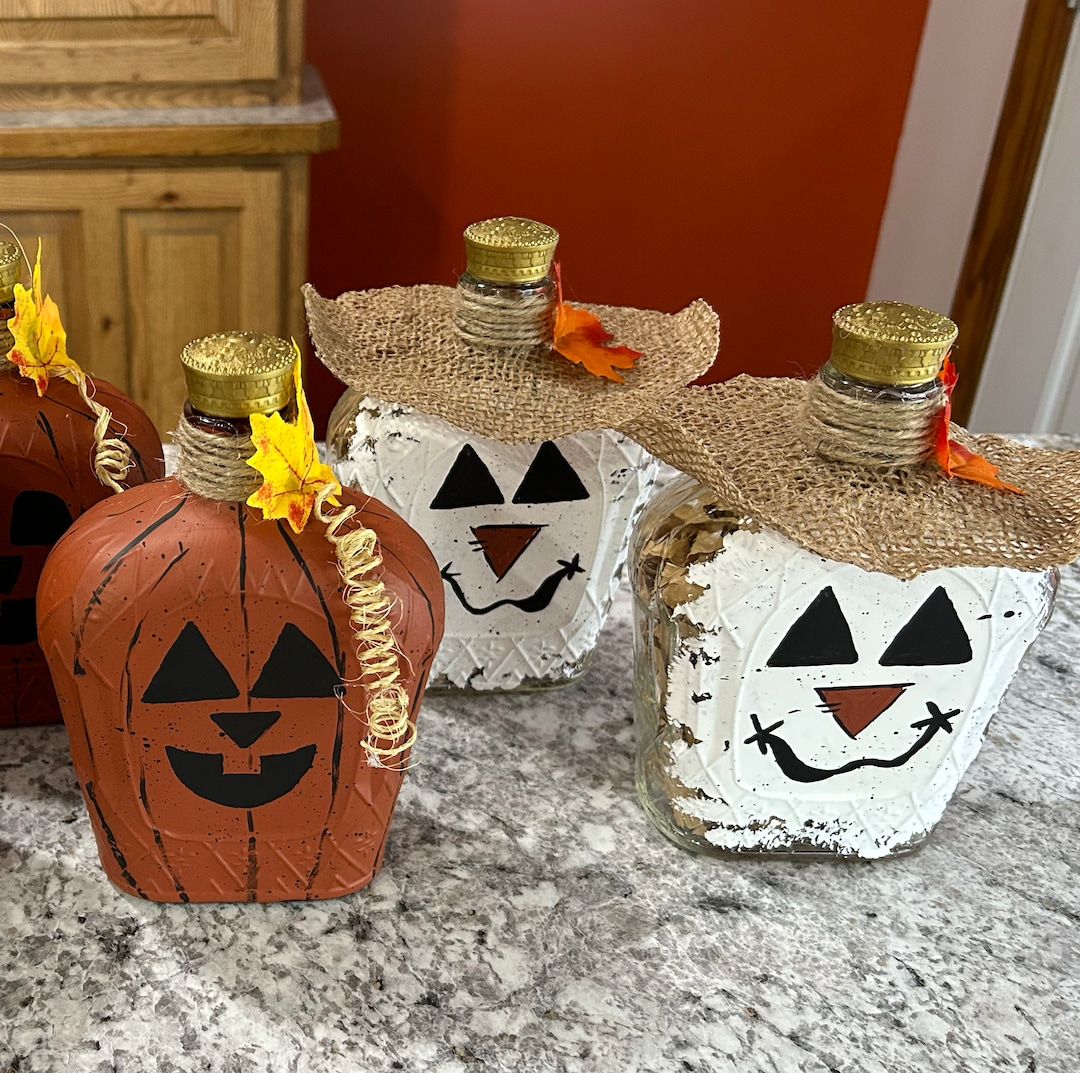 Hand Painted Whiskey Bottles Pumpkin Head or Scarecrow Head 5 X 8 ...