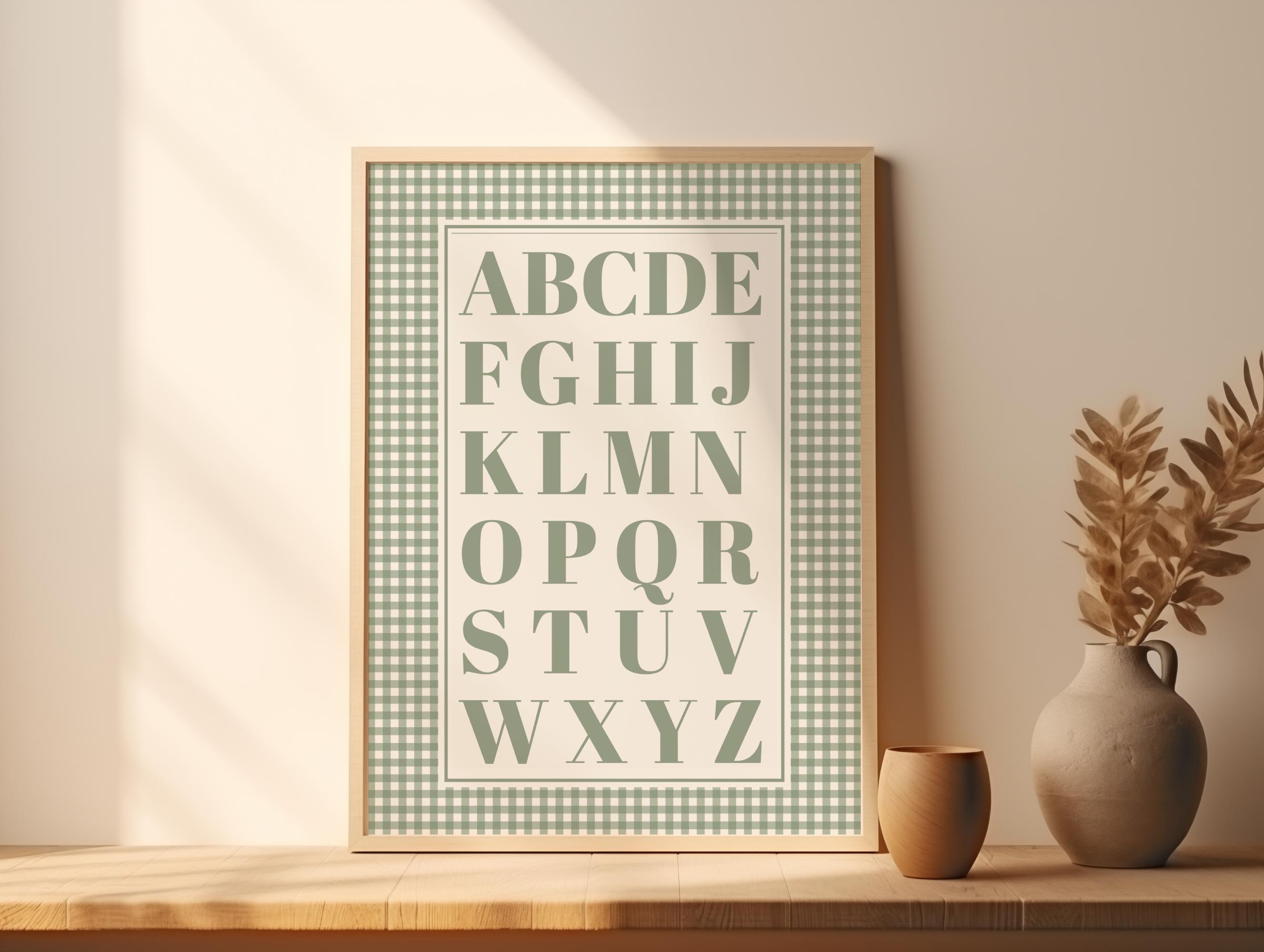 Sage Green Alphabet Poster for Kids – Gingham Nursery Wall Art ...