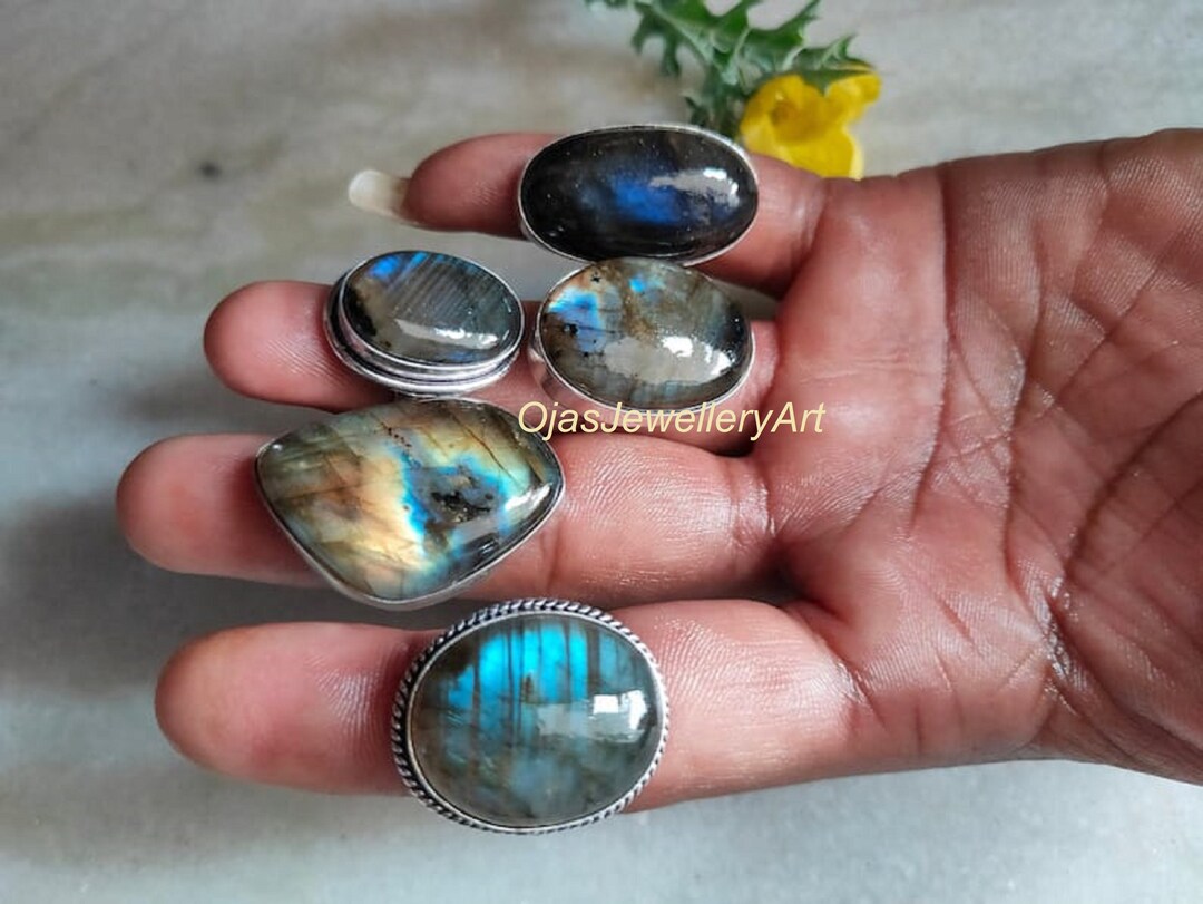 Natural Labradorite Rings, 925 Sterling Silver Plated, Adjustable Mix ...