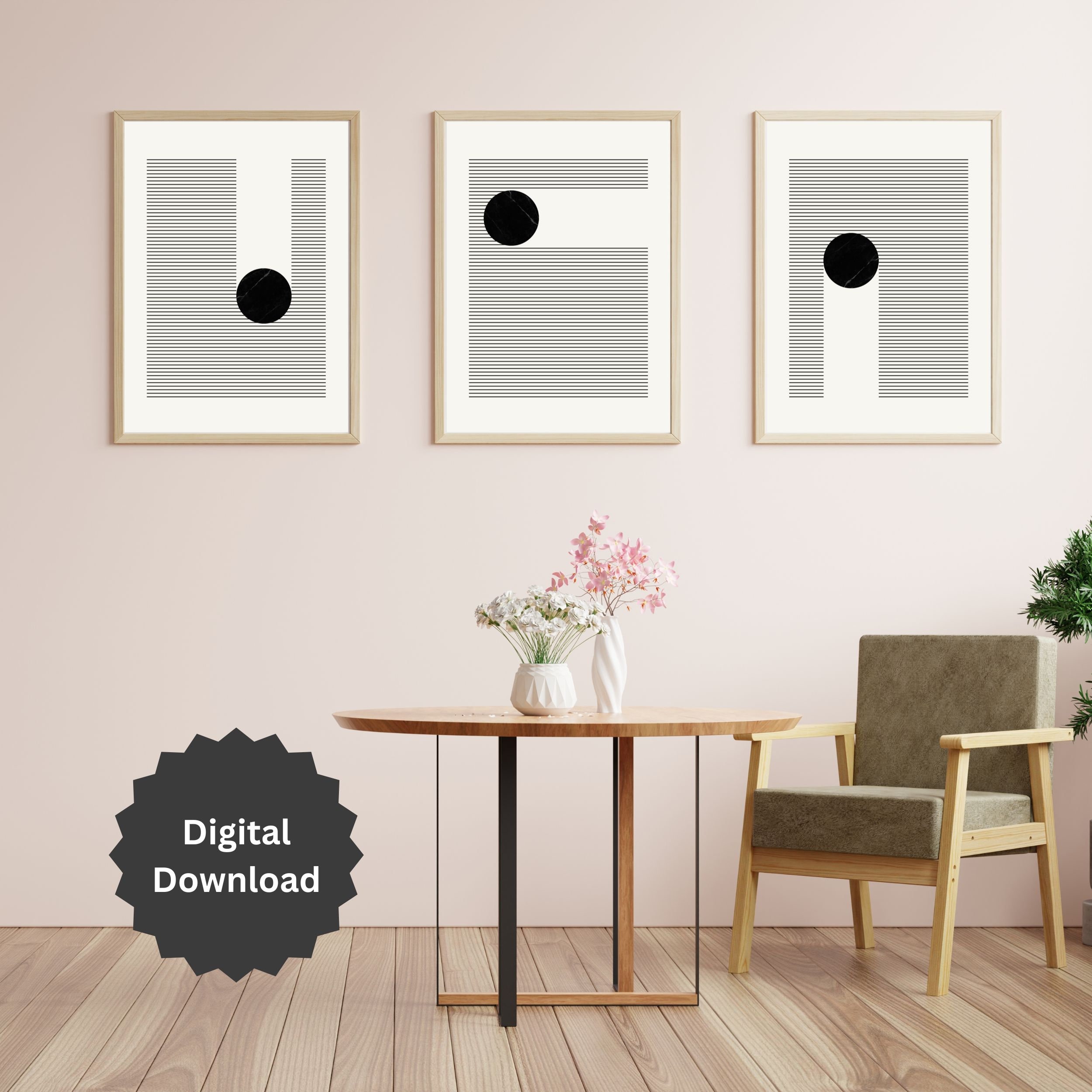 3 Piece Wall Art, Line Art Prints, Line Circle Wall Art Decor, Mid ...