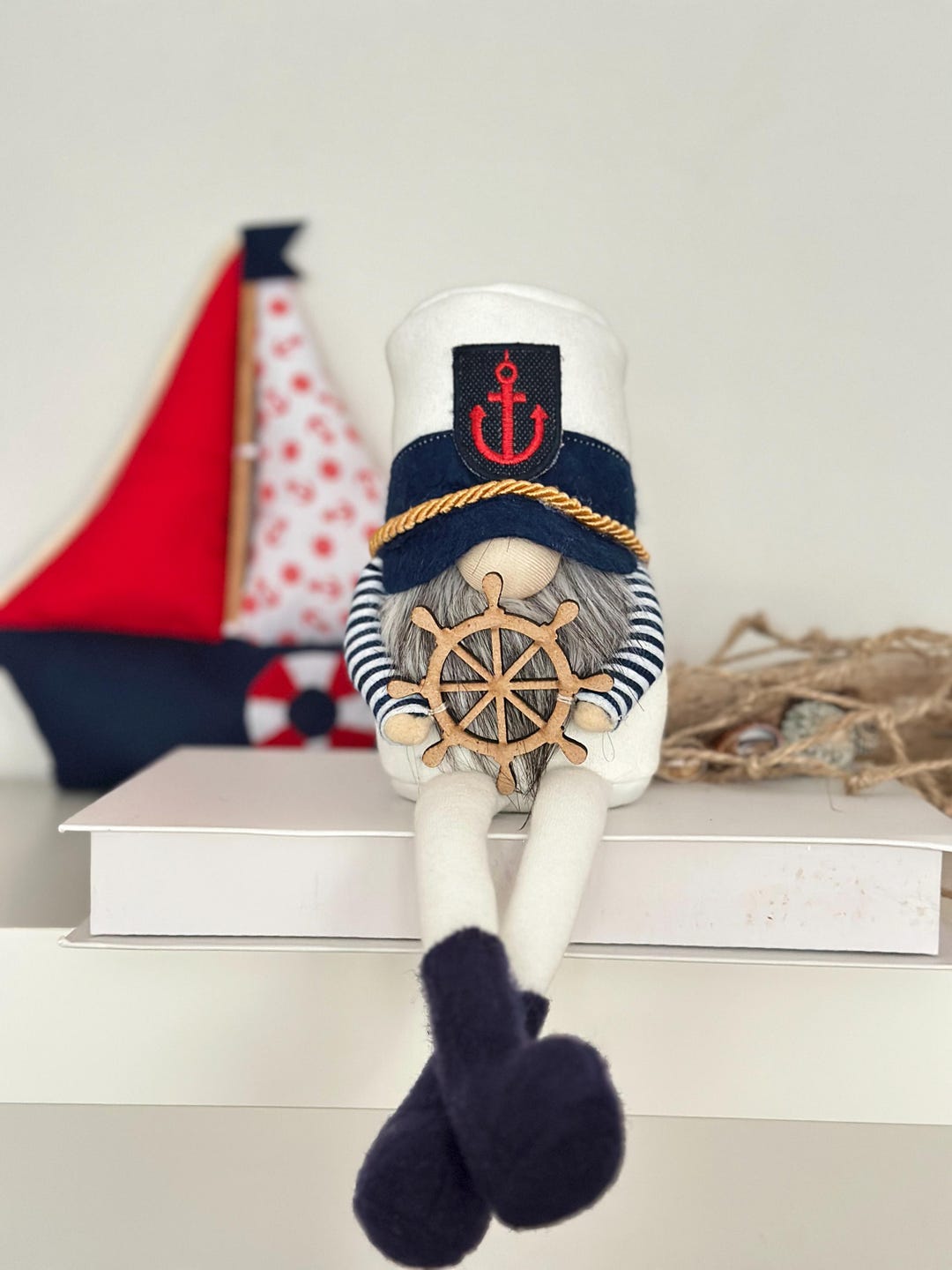 Sailor Captain Gnome With Wooden Ship Wheel Nautical Decor Gnome for ...