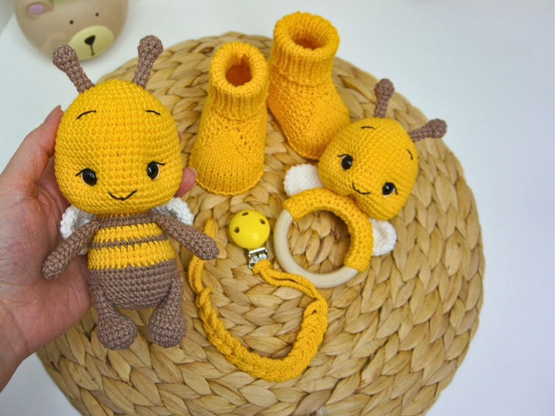 Bee Baby Gift Set Honey Bee Crochet Toy,rattle With Wooden Ring ...