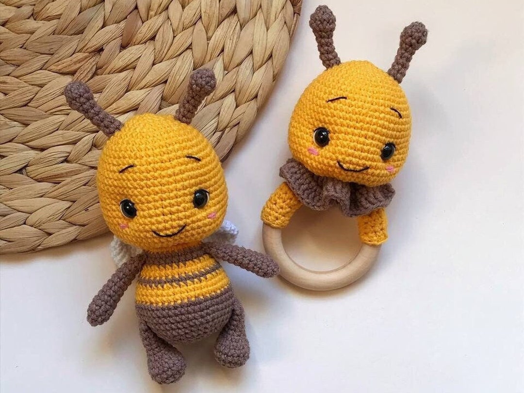 Bees Crochet Baby Gift Set Honeybee Toy and Rattle With a Wooden Ring ...