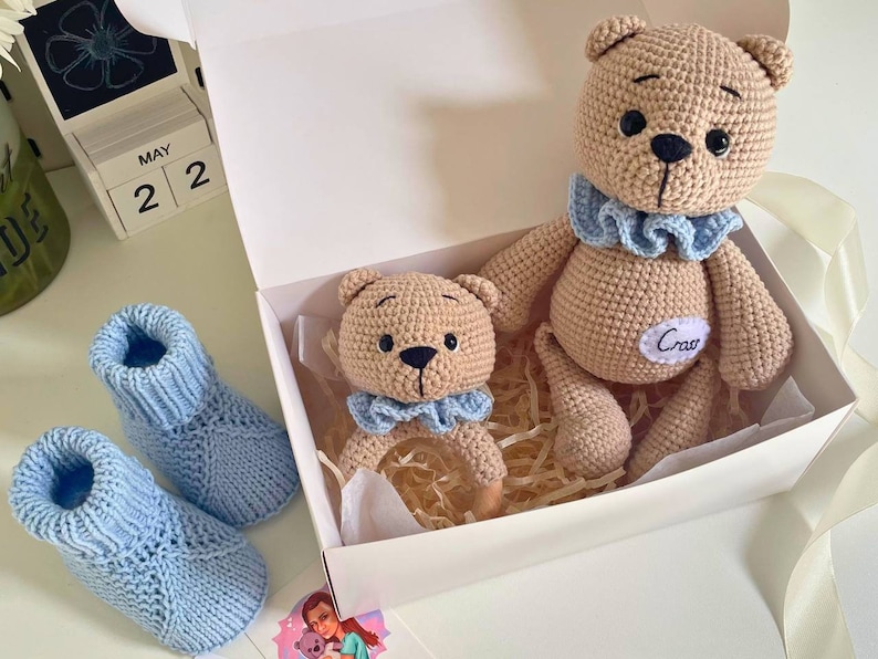 Personalized Teddy Bear Baby Gift Basket : Crochet Toy,rattle,baby ...