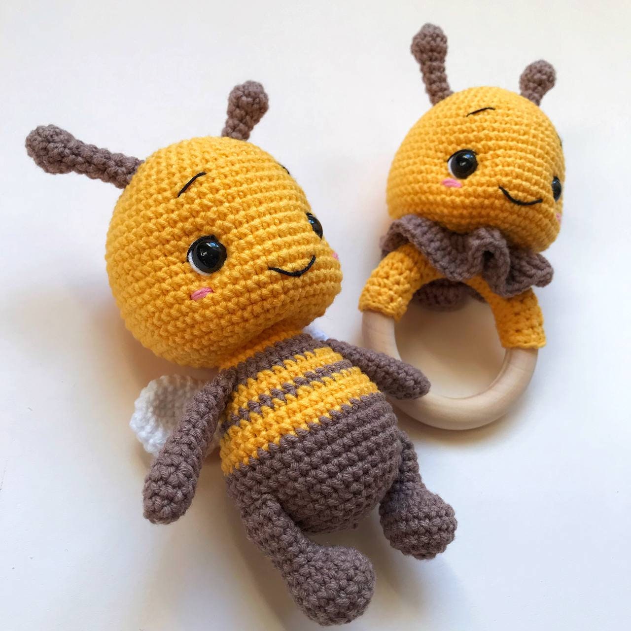 Bees Crochet Baby Gift Set Honeybee Toy and Rattle With a Wooden Ring ...