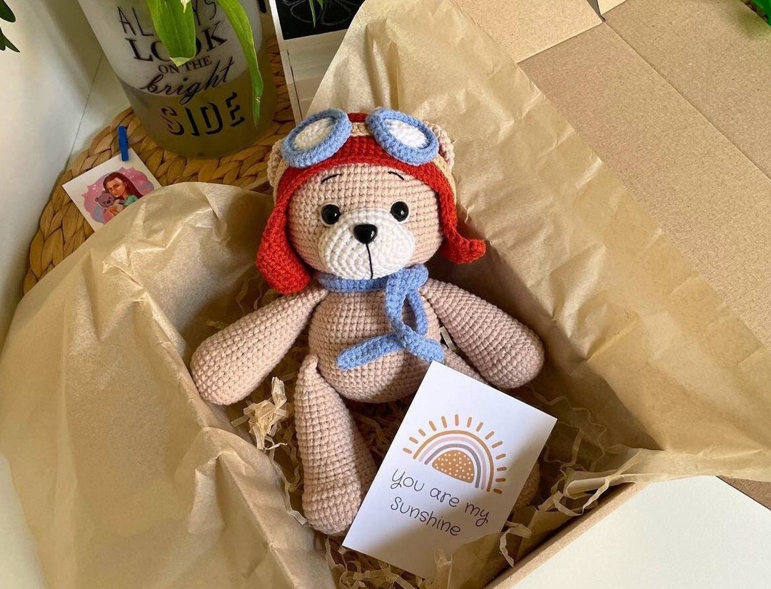 Pilot Teddy Bear Crochet Aviator Stuffed Animal Pilot Bear in Helmet ...
