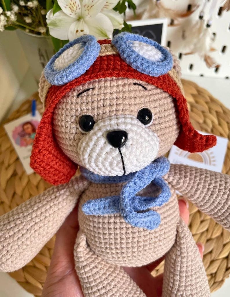 Pilot Teddy Bear Crochet Aviator Stuffed Animal Pilot Bear in Helmet ...