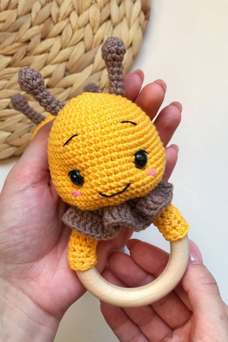Bees Crochet Baby Gift Set Honeybee Toy and Rattle With a Wooden Ring ...