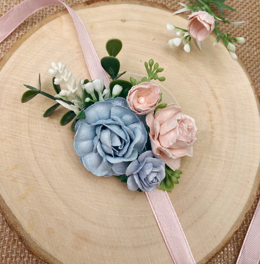 Small Flower Wrist Corsage / Bridesmaid Blush Pink Dusky Blue Wrist ...