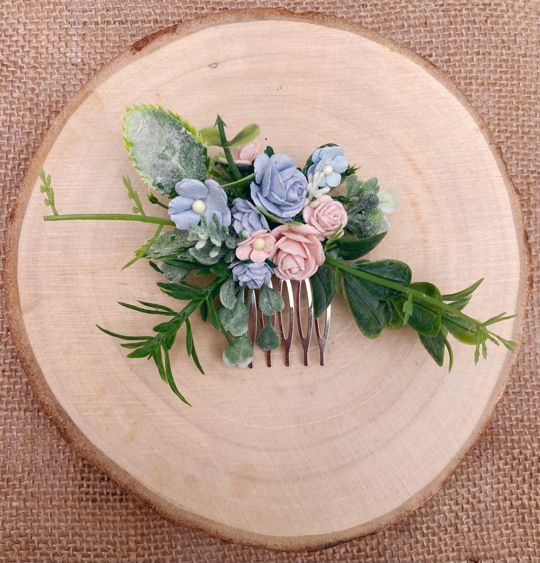 Blush Pink Dusky Blue Flower Hair Comb / Bridesmaid Bridal Floral Hair ...