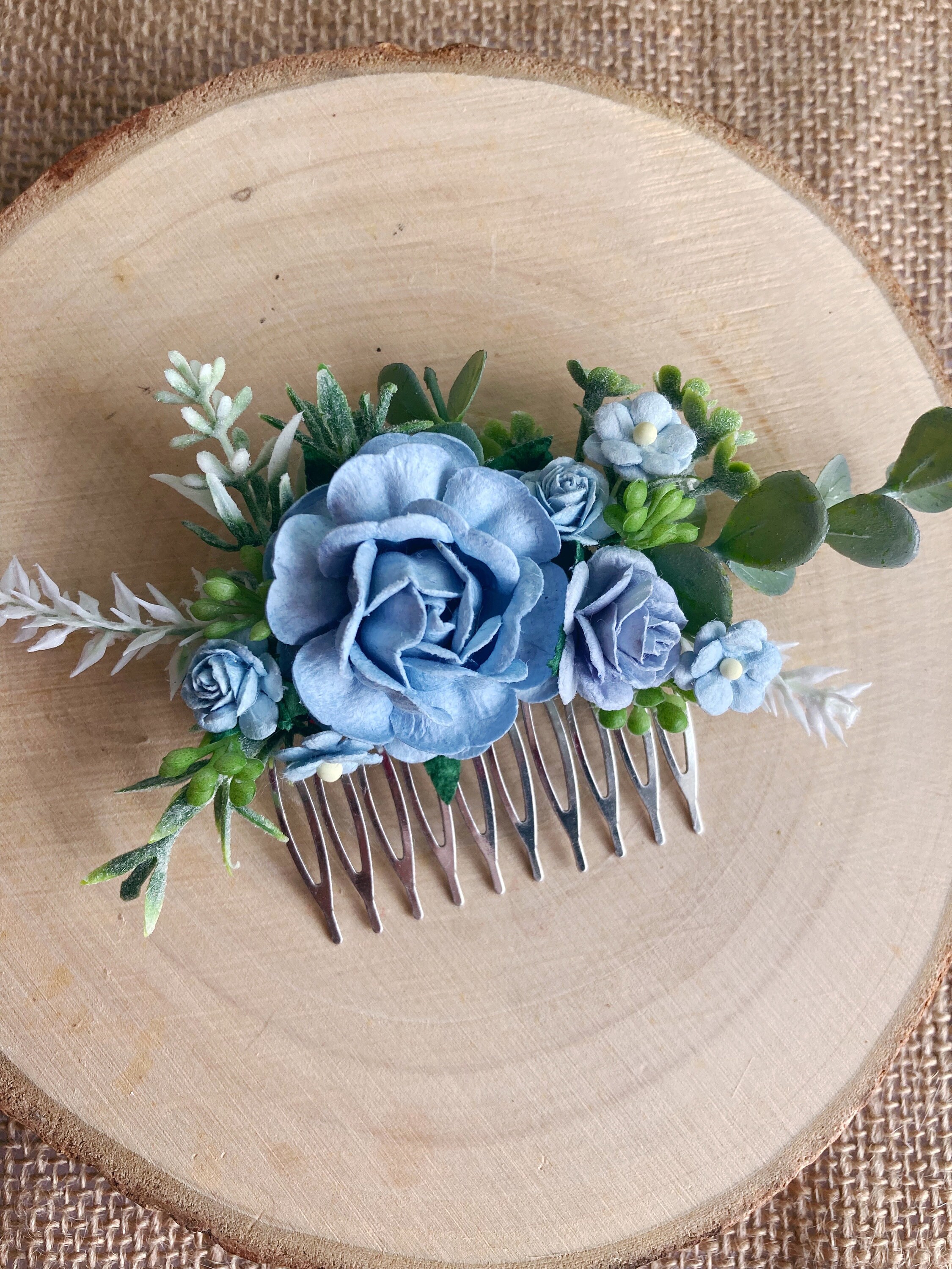 Dusky Dusty Blue Flower Hair Comb / Bridesmaid Bridal Wedding Hairpiece ...