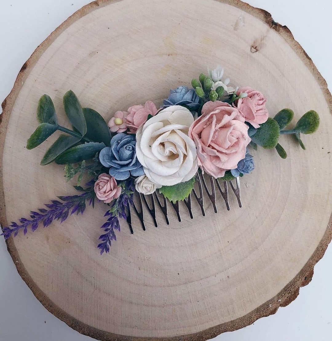 Blush Pink, Dusky Blue Flower Hair Comb / Bridal Bridesmaid Floral ...